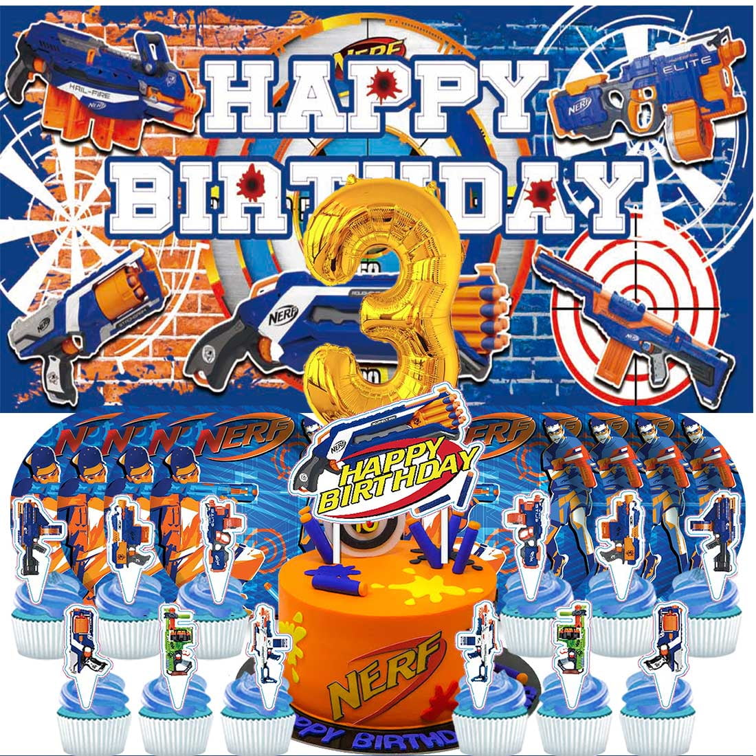 Nerf Balloons Party Supplies 3rd Decor Tableware Birthday Cake Topper ...
