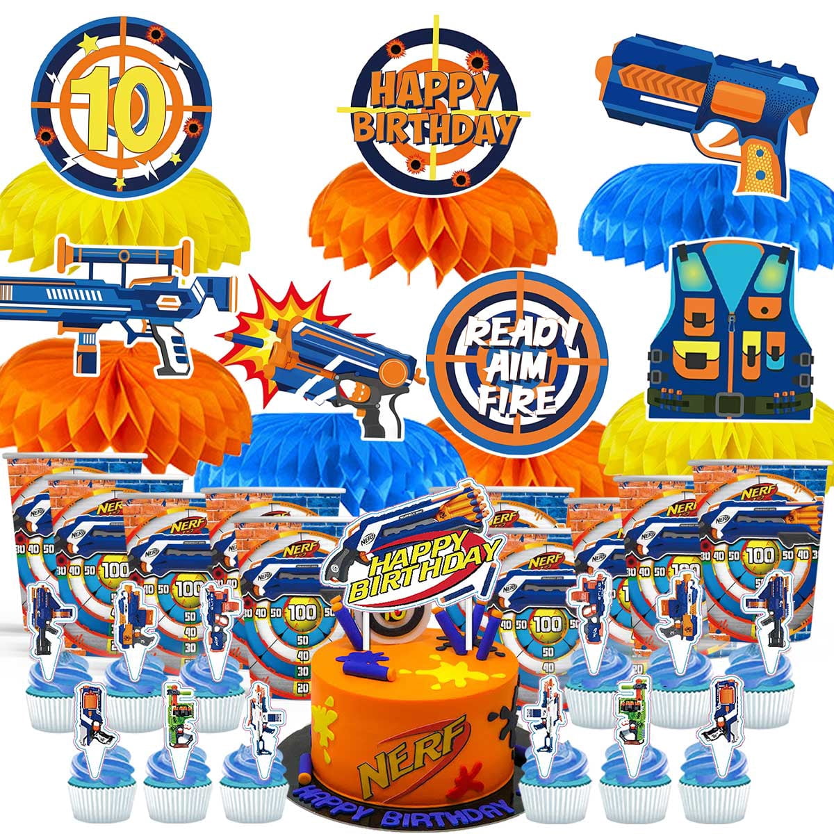 Nerf Dart War Party Supplies Decor Cups Fans Decorations Honeycomb ...