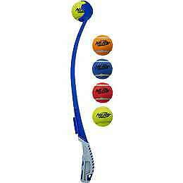 Nerf Dog Gift Set 5x Tennis Squeak Balls & Launcher Hands Free Pick Up ...