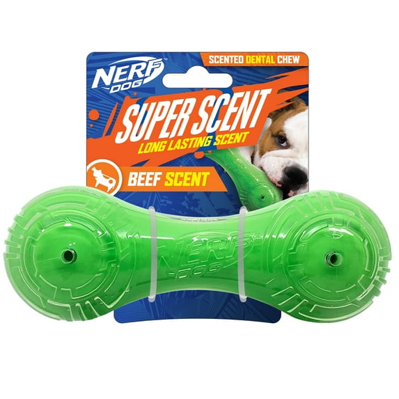 Nerf Dog Beef-Scented Barbell Chew Dog Toy, Green, 7 Inch Tough Scented ...