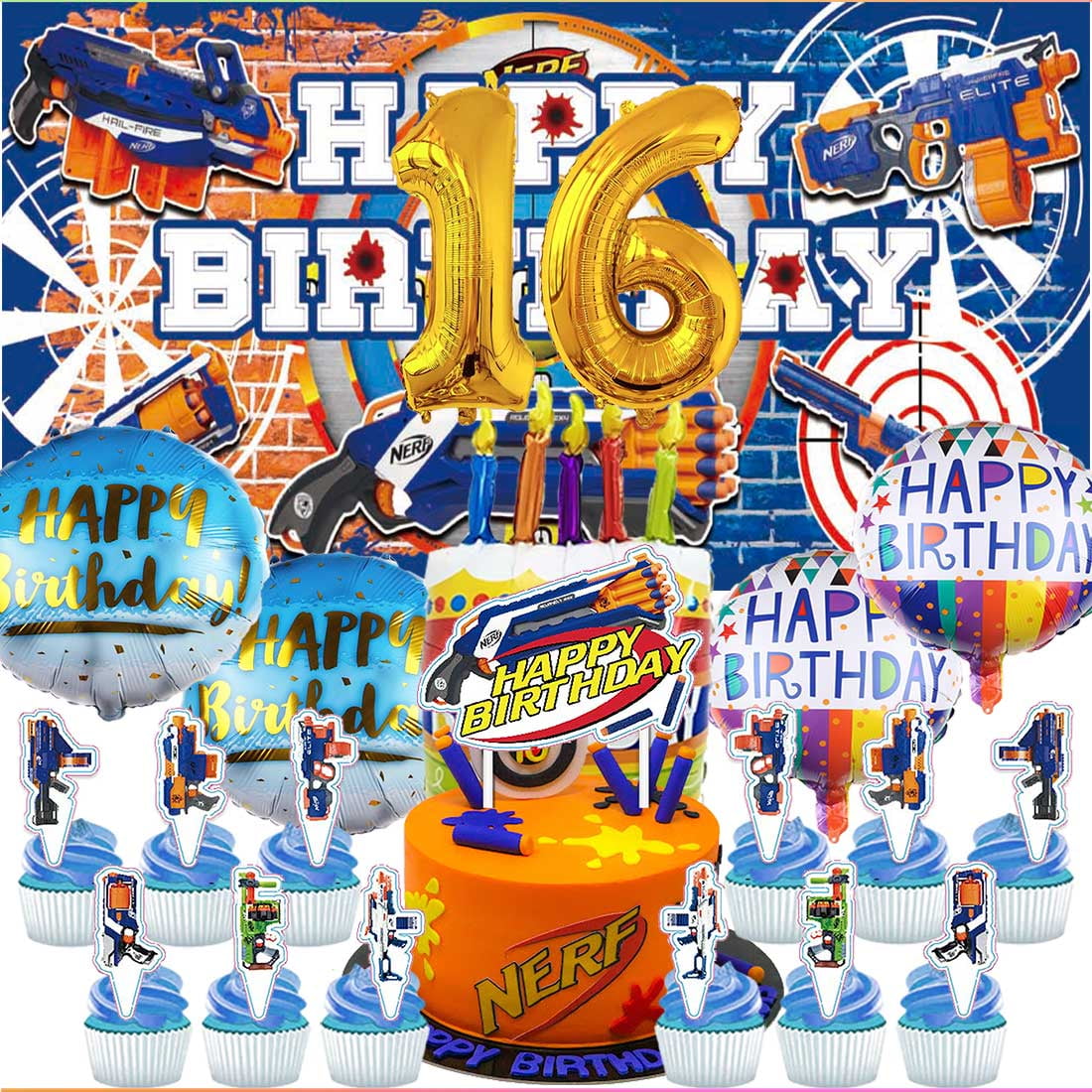Nerf Party Supplies Decor 16th Kit Balloons Birthday Cake Topper Banner ...