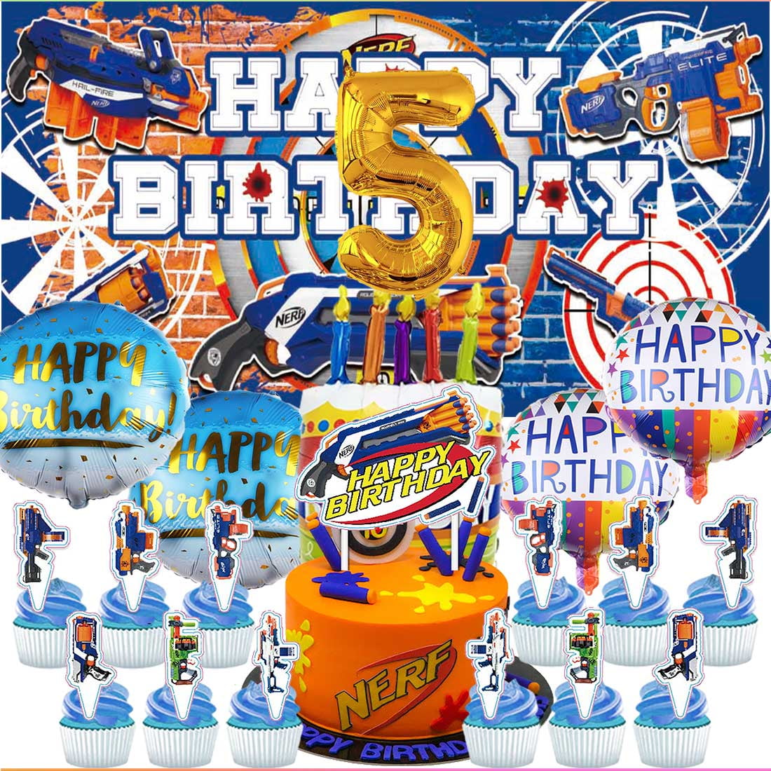 Nerf Party Supplies Decor 5th Kit Balloons Birthday Cake Topper Banner ...