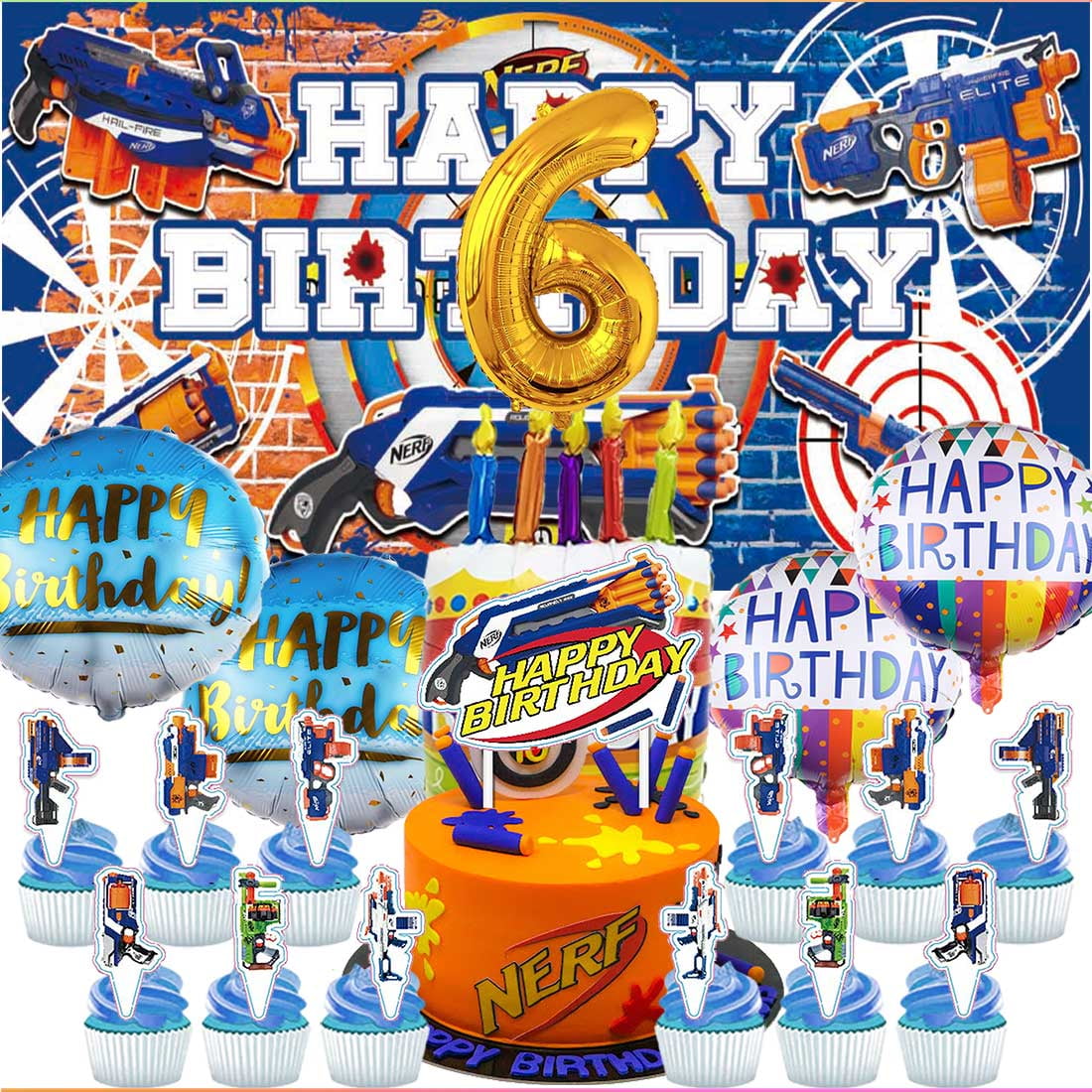 Nerf Party Supplies Decor 6th Kit Balloons Birthday Cake Topper Banner ...