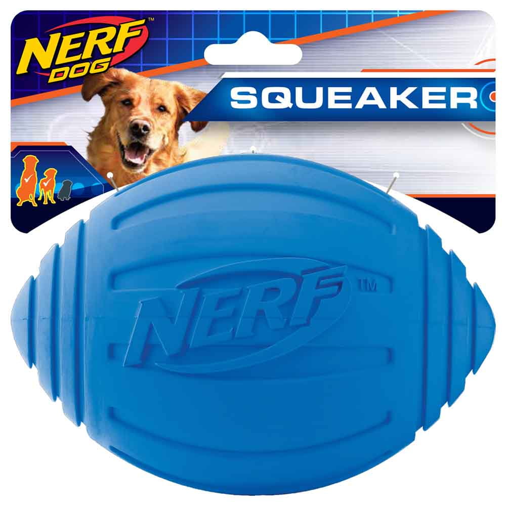 Nerf Ridged Squeak Football Dog Toy for Interactive Play, Blue ...