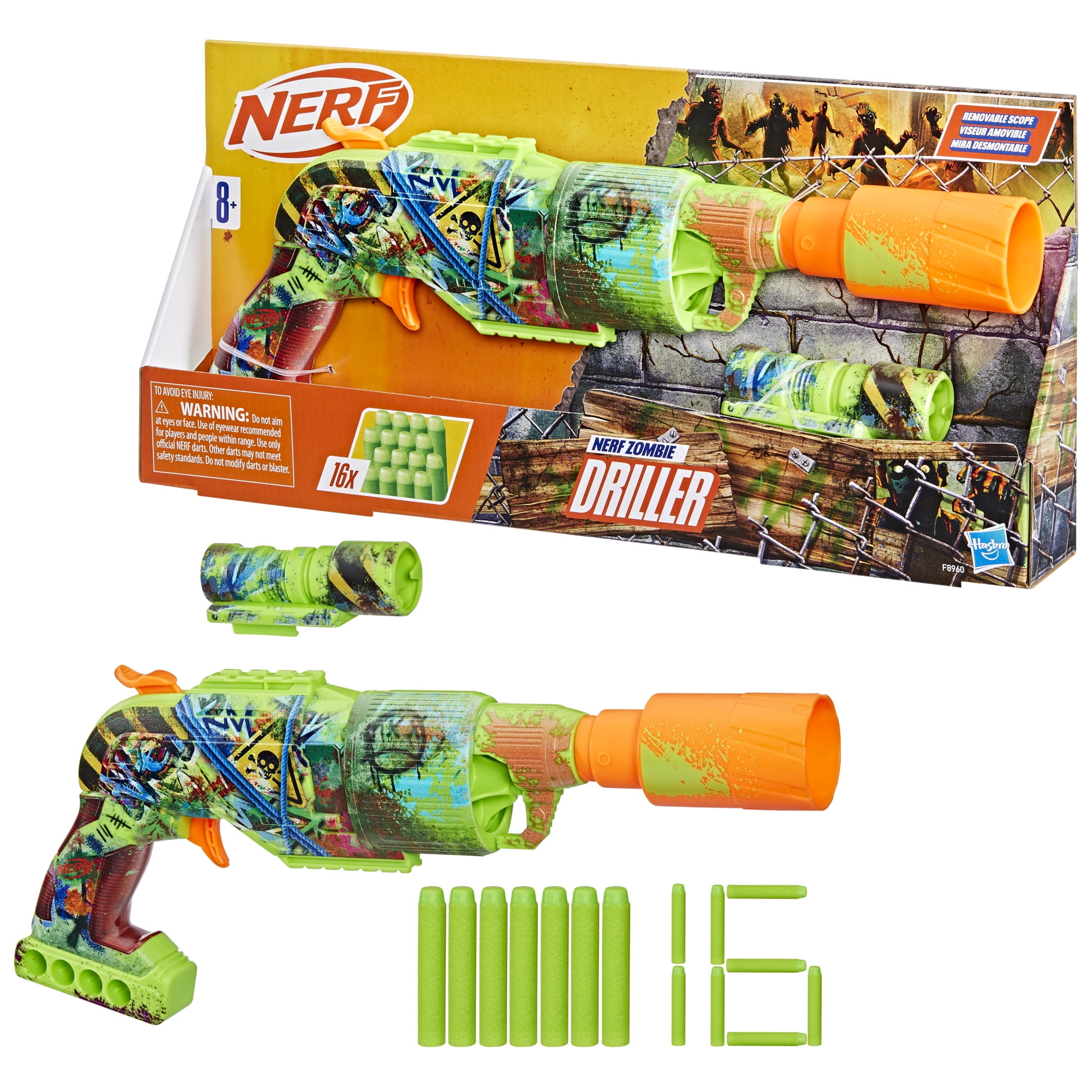 Nerf Zombie Driller Dart Blaster, 16 Nerf Elite Darts, Outdoor Games ...