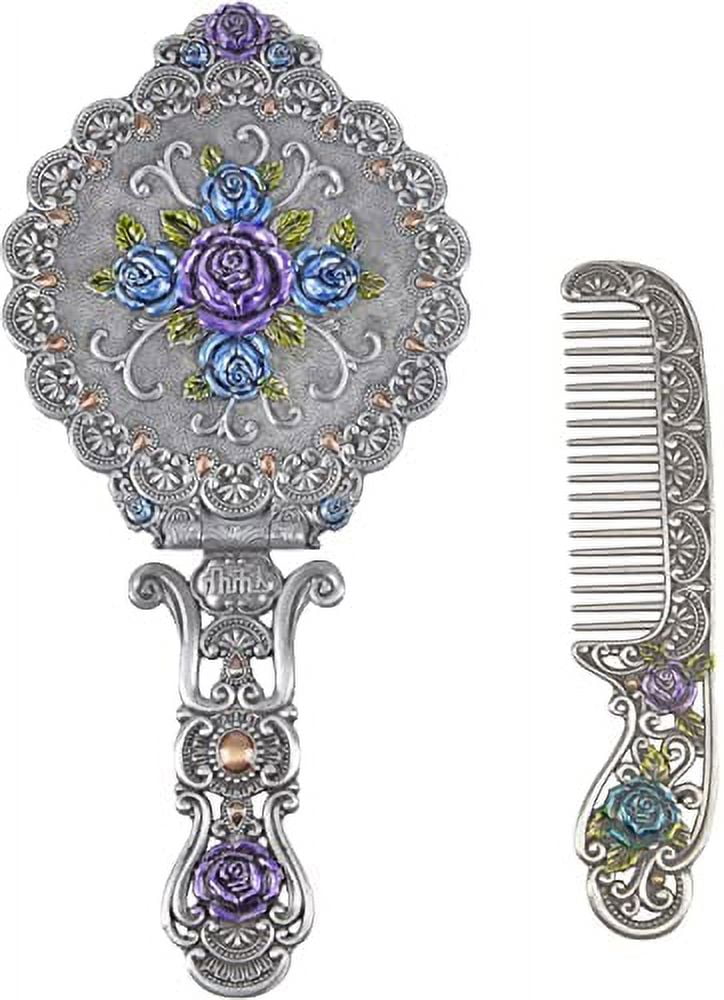 Nerien Vintage Mirror Comb Set Metal Antique Rose Style Handheld Makeup ...
