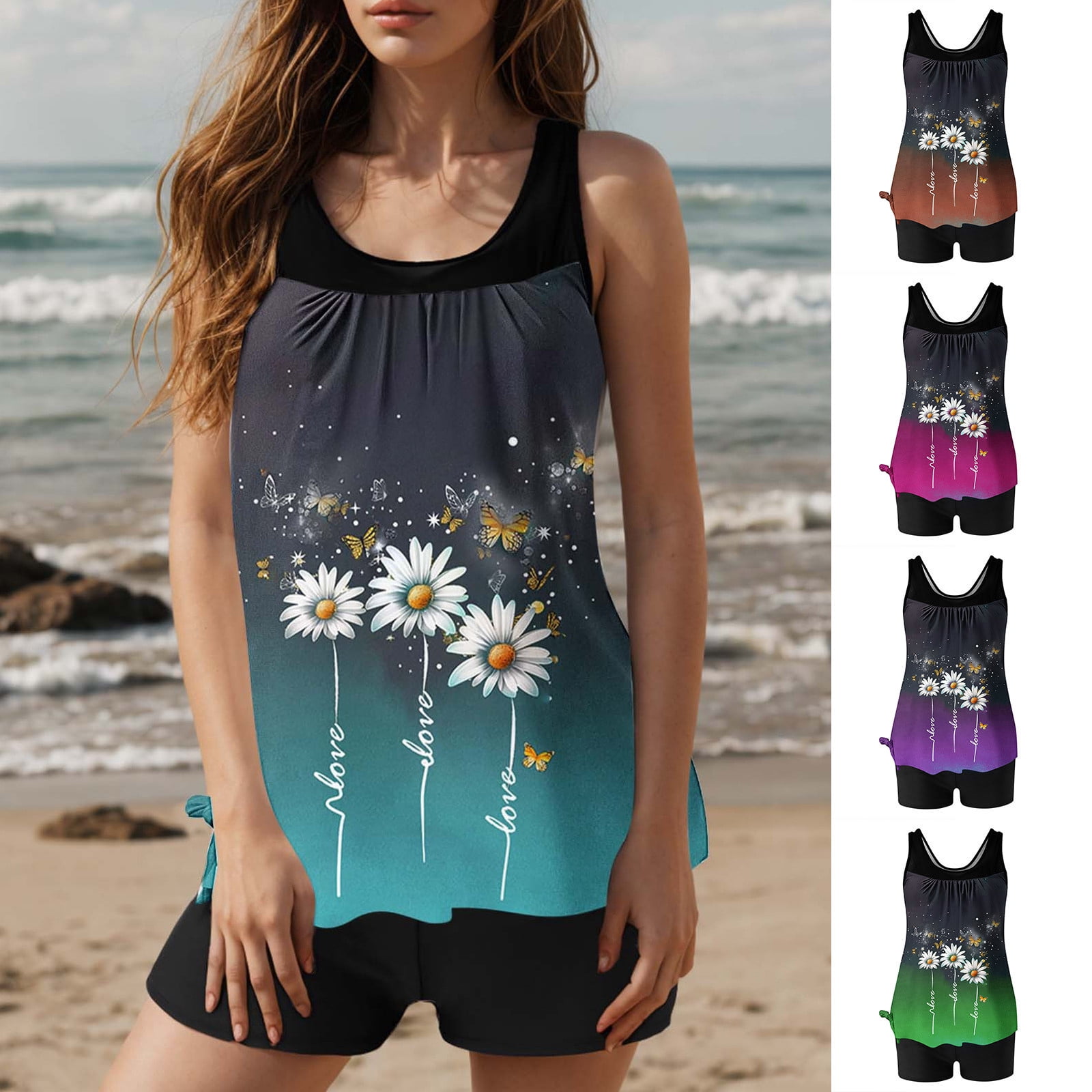 Nerohusy Women Tankini Swimsuits 2 Piece with Shorts Floral Print Boho ...