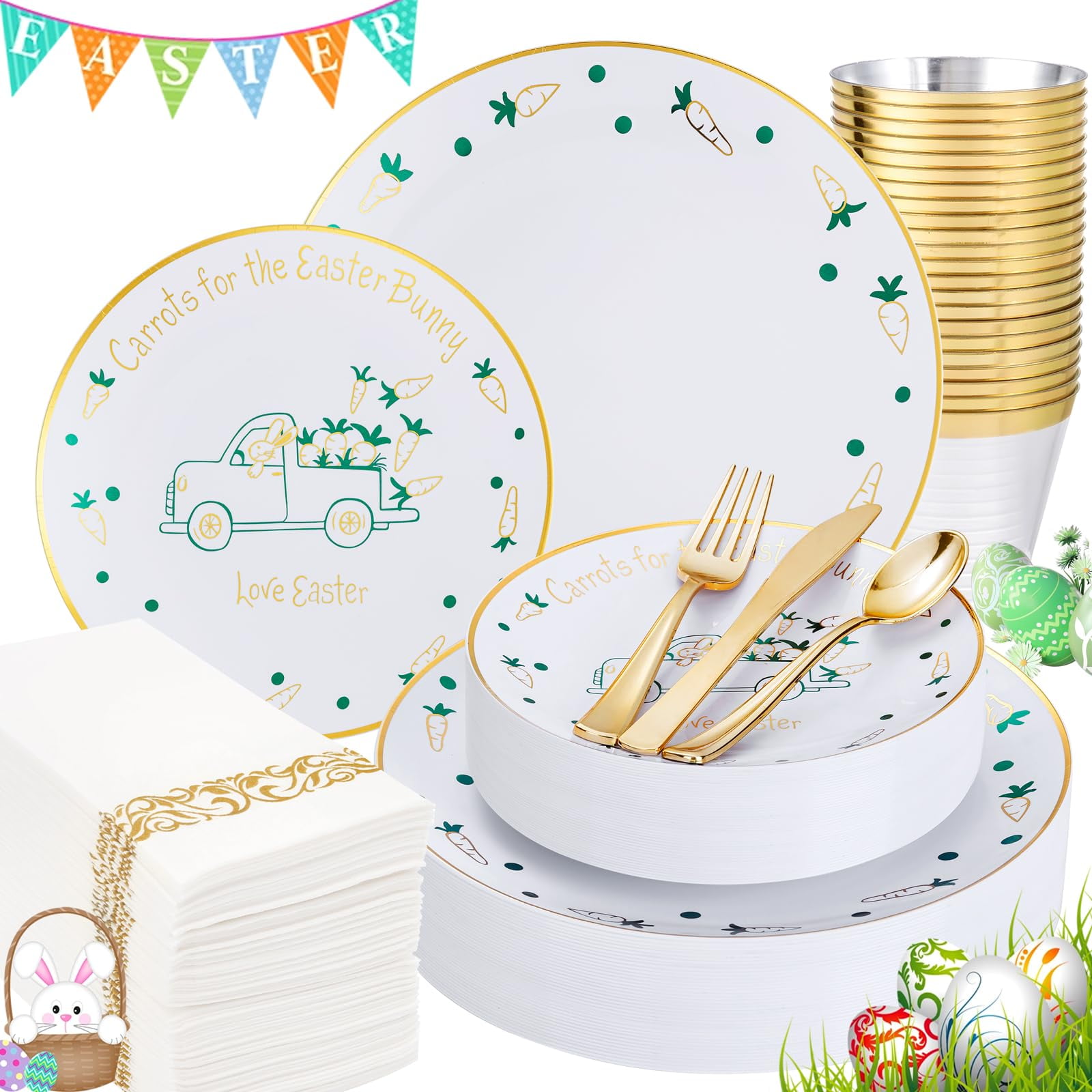 Nervure 175PCS Easter Plastic Plates - AFN1White and Gold Plastic ...