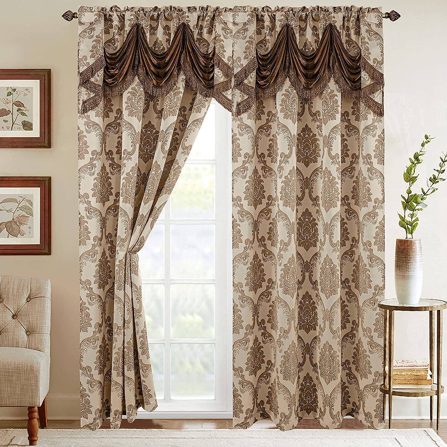 Nesreen Curtain Panel Set with Attached Waterfall Valance, Jacquard ...