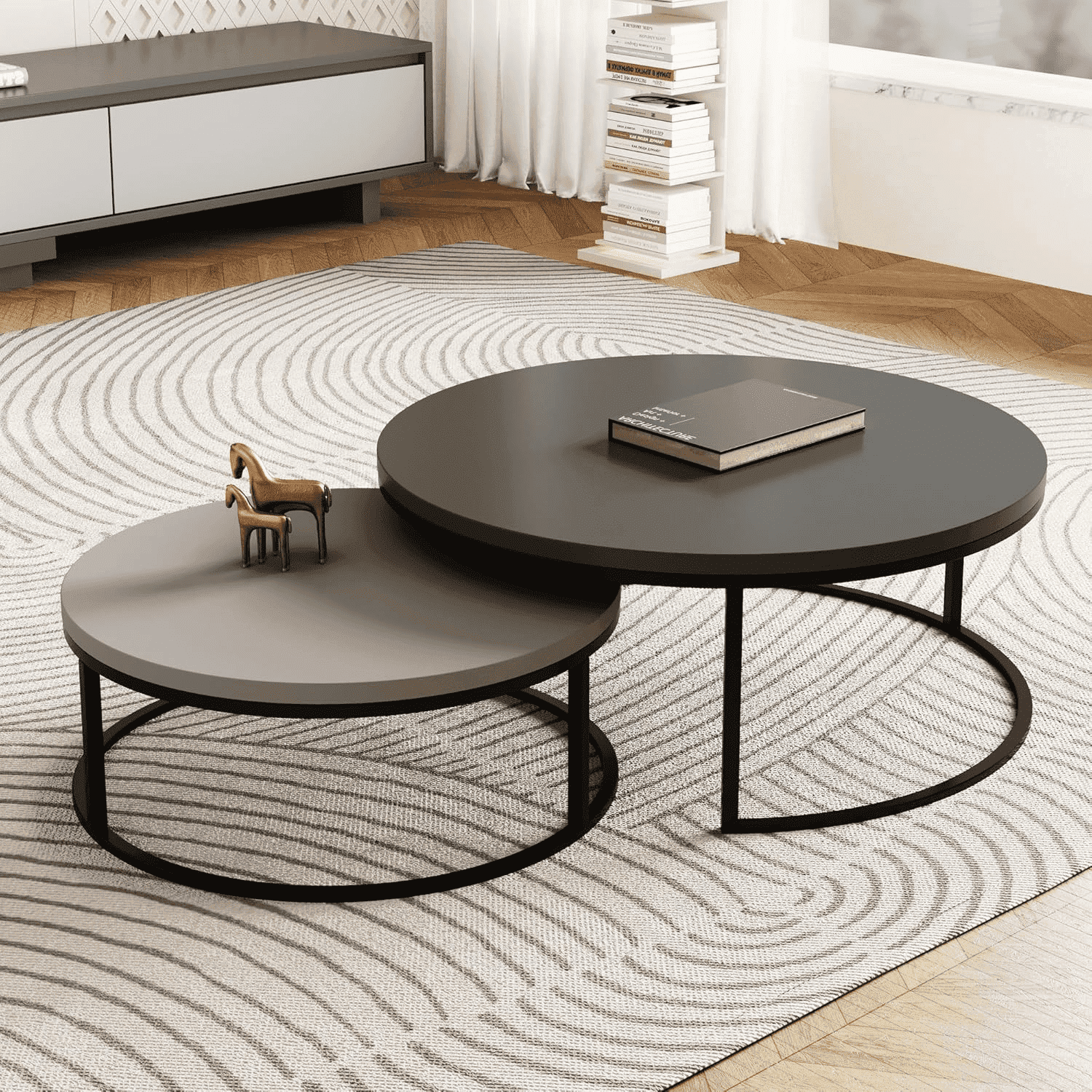 NessCarsti Modern Round Coffee Table Set, Black Metal Legs, Gray Finish ...