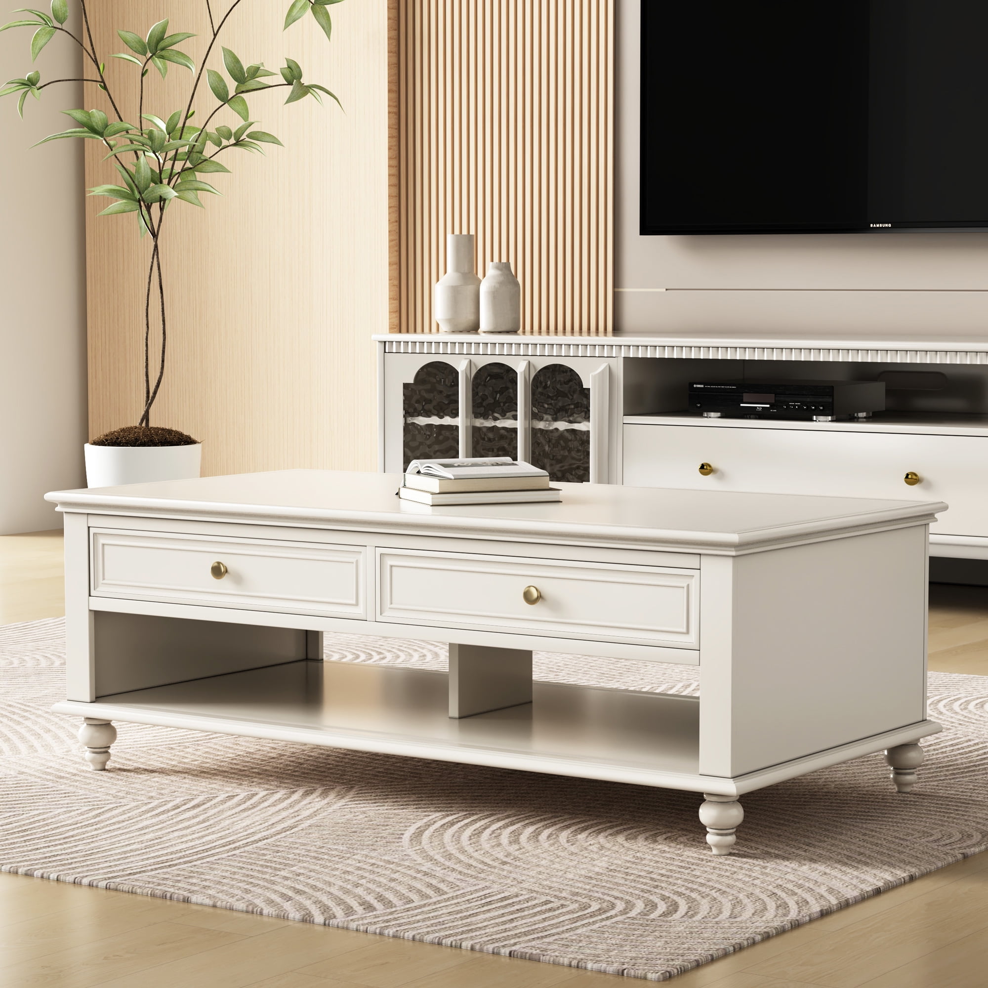 NessCarsti Modern White Coffee Table with Drawer, Rustic Rectangular ...