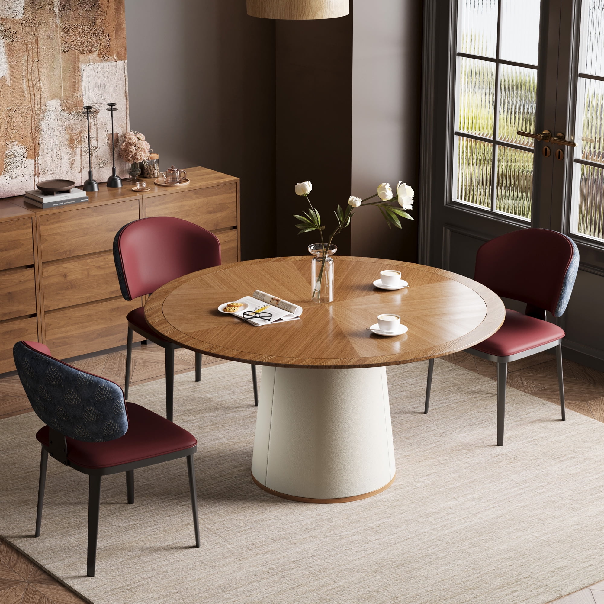 NessCarsti Round Faux Leather Base Dining Table for 4-6 People, Modern ...