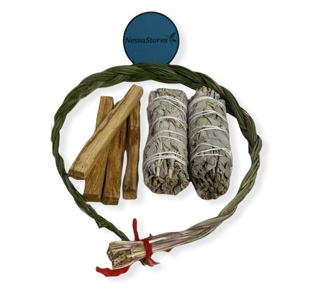 NessaStores Sweetgrass Braid Smudge Kit + Sage + Palo Santo #JC-222 (16 ...
