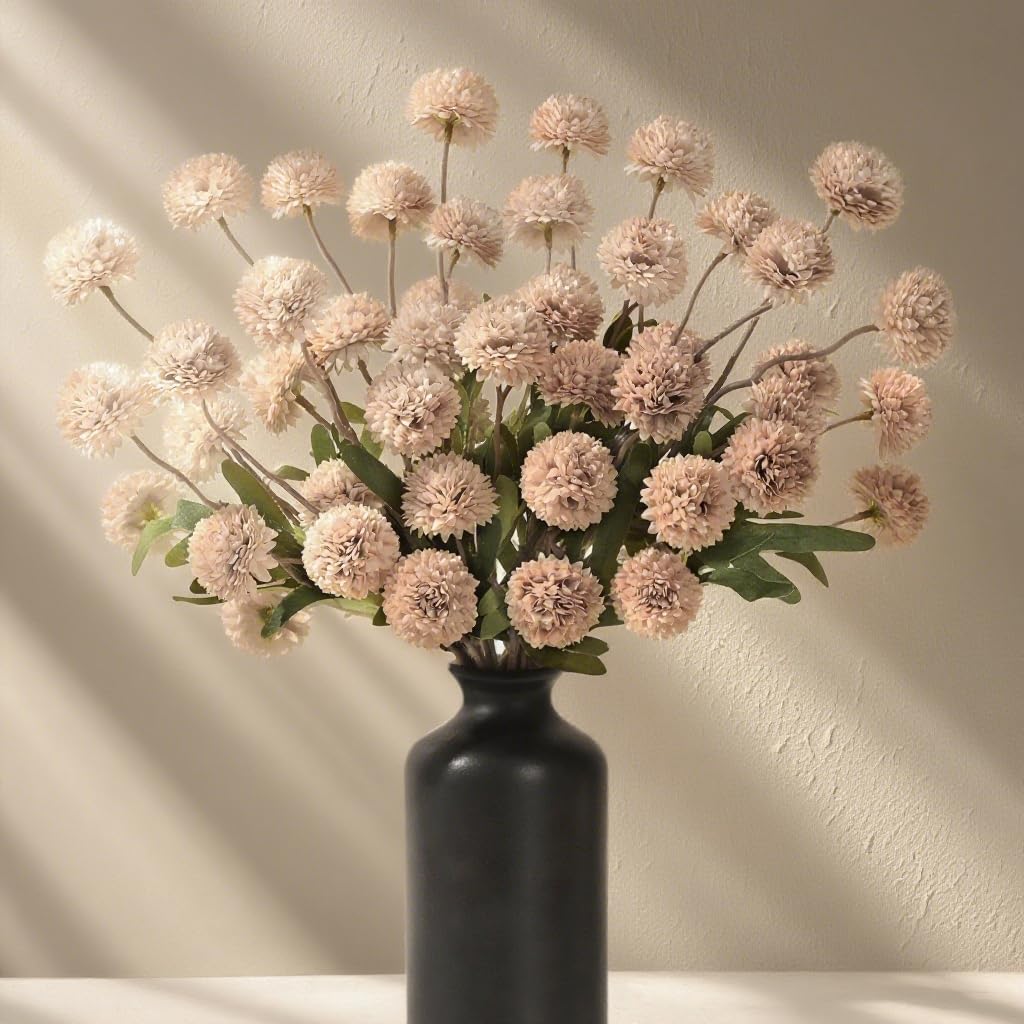 NestE 6pcs Fake Flowers Faux Silk Pompon Mums, Bulk Fake Mini ...