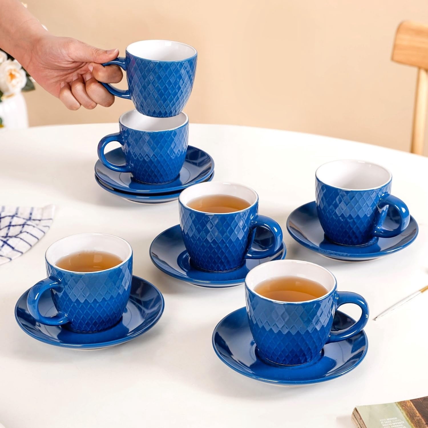Nestasia Elegant Ceramic Tea Cup and Saucer Set of 6 Fluted Design ...