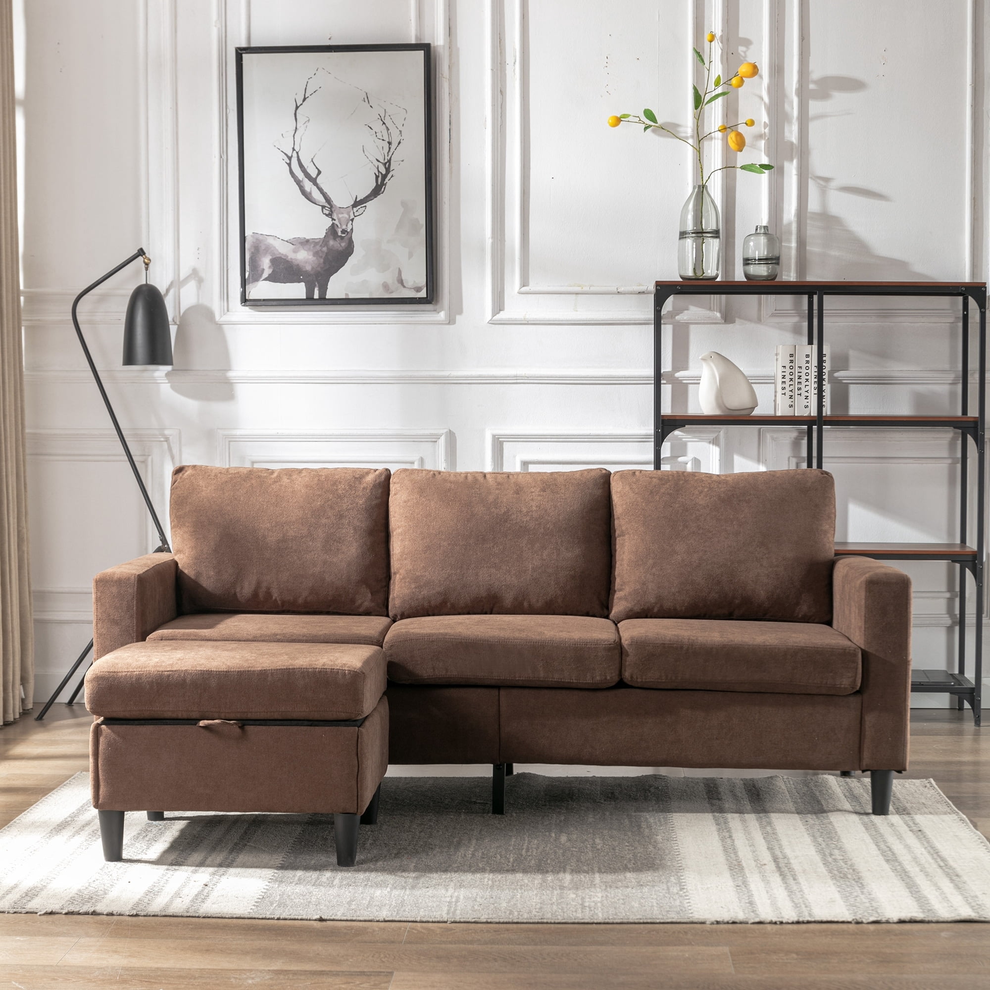 Nestfair 3-Seater L-Shape Sofa Corner Couch with Movable Ottoman Brown ...