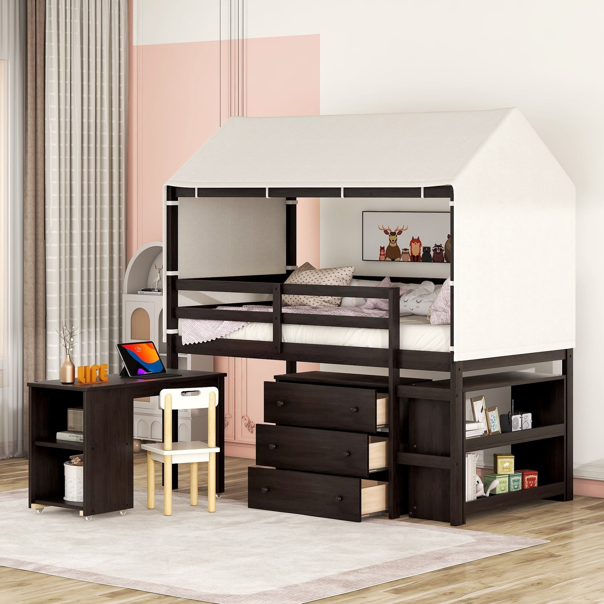 Nestfair Espresso Twin Size Loft Bed with Rolling Cabinet, Shelves ...
