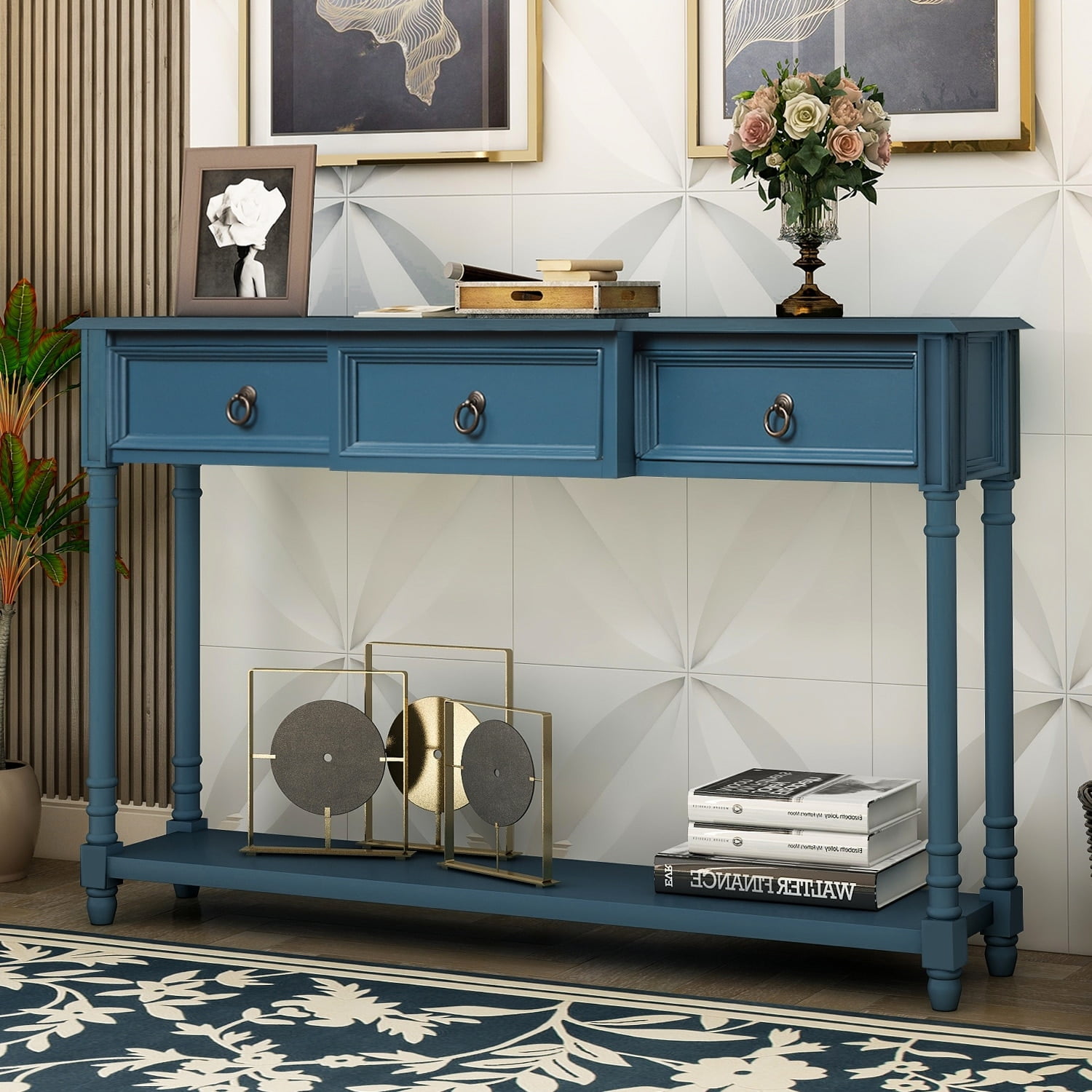 Nestfair Solid Wood Console Table with 3 Drawers and Shelf Antique Navy ...
