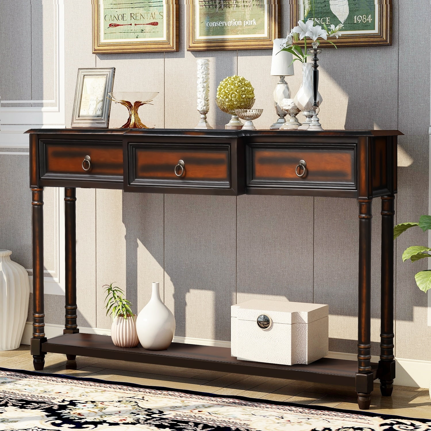 Nestfair Solid Wood Console Table with 3 Drawers and Shelf Espresso ...