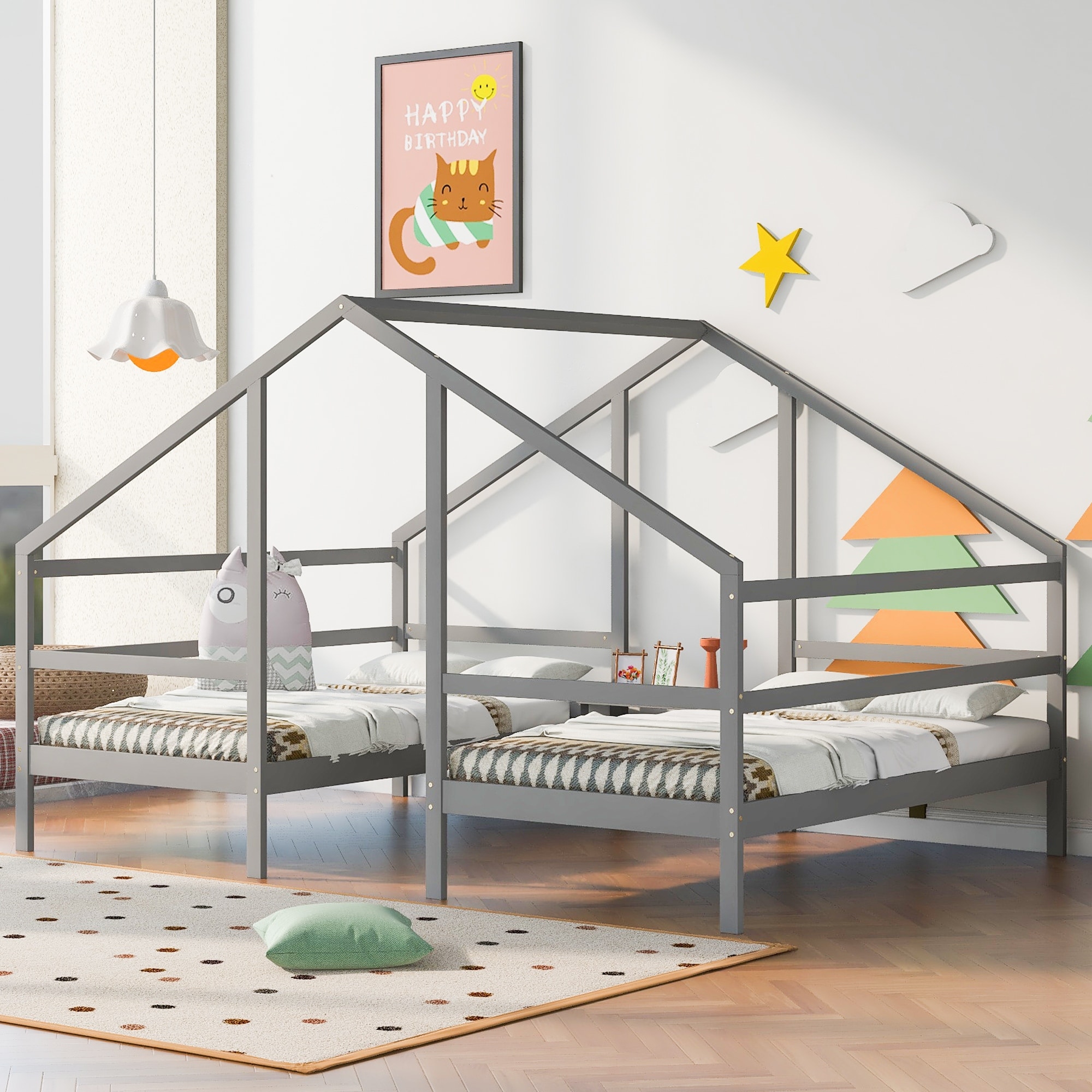 Nestfair Twin Size Double Triangular House Beds with Built-in Table ...