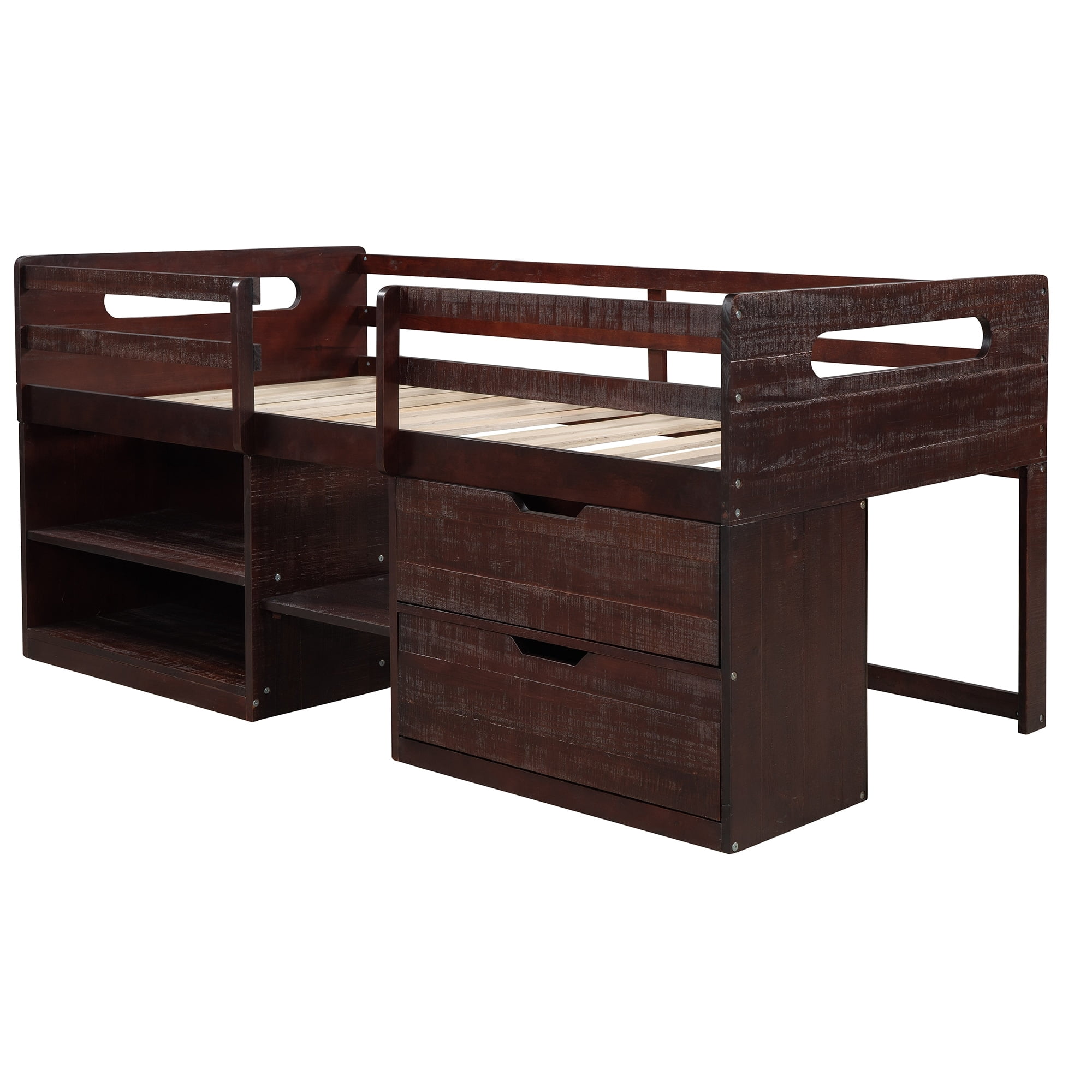 Nestfair Twin Size Loft Bed with Two Shelves and Two drawers Espresso ...