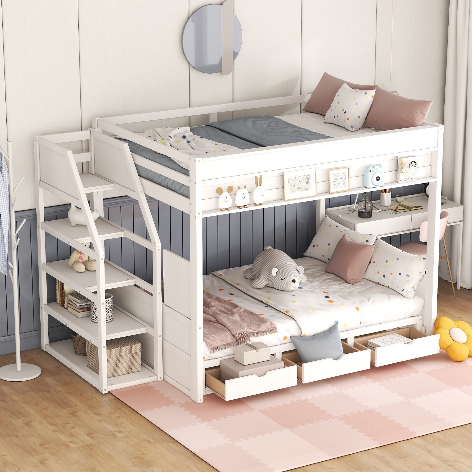 Nestfair White Full Size Wood Convertible Bunk Bed with 3 Drawers and ...