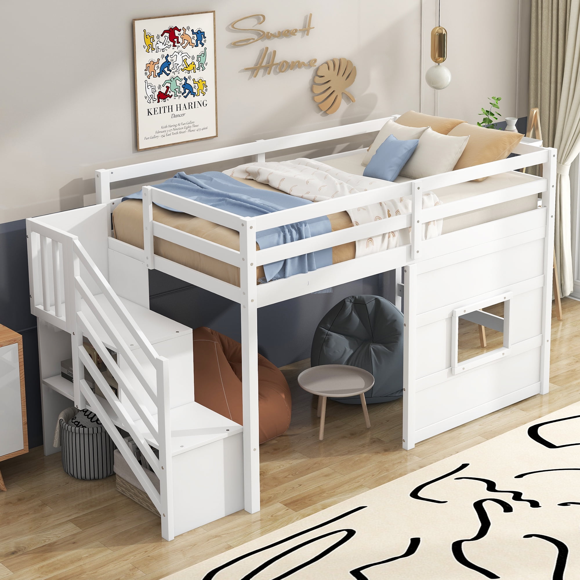 Nestfair White Twin Size Loft Bed with Storage Staircase and Window ...
