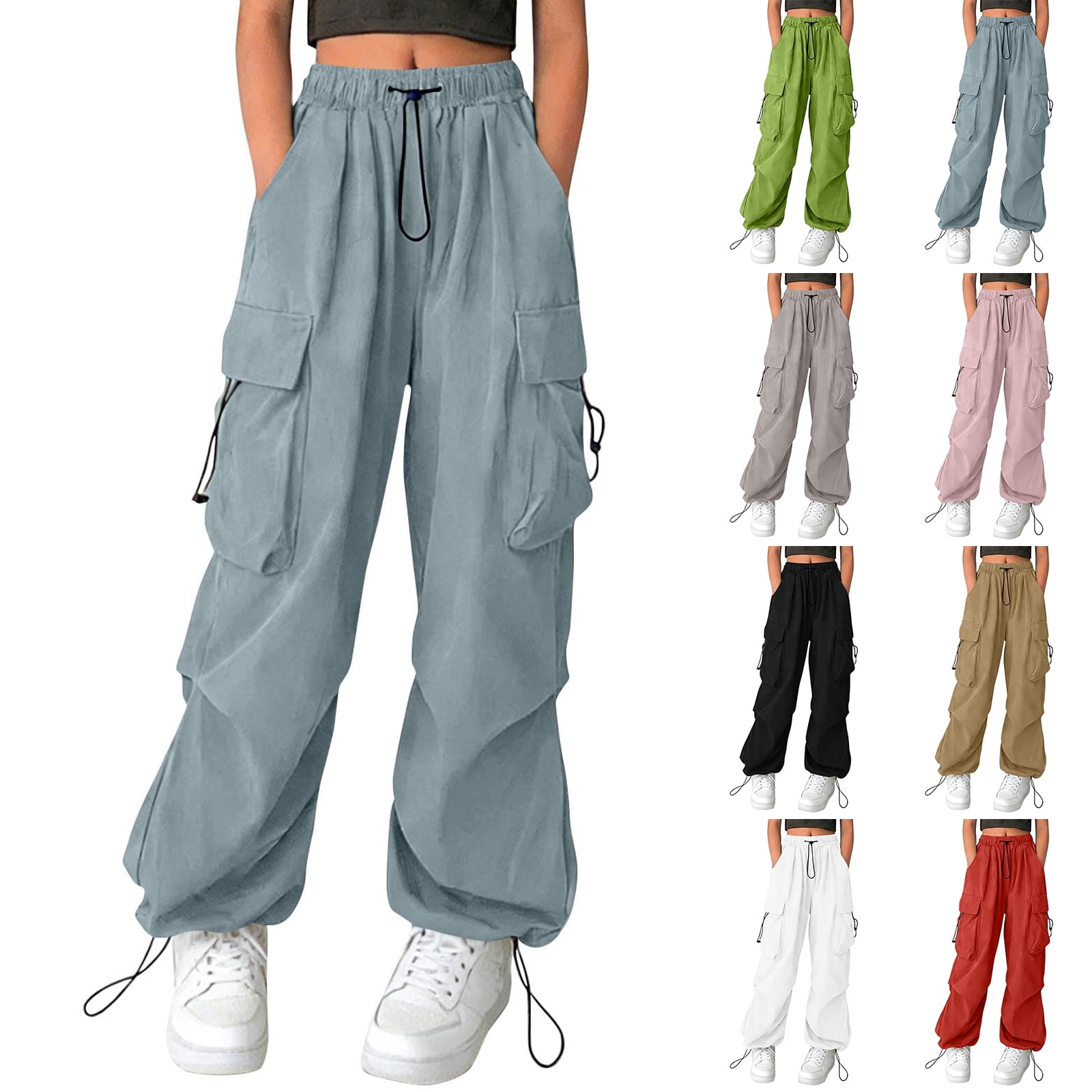 Nestiefly Girls Parachute Cargo Pants High Waisted Baggy Casual Y2K ...
