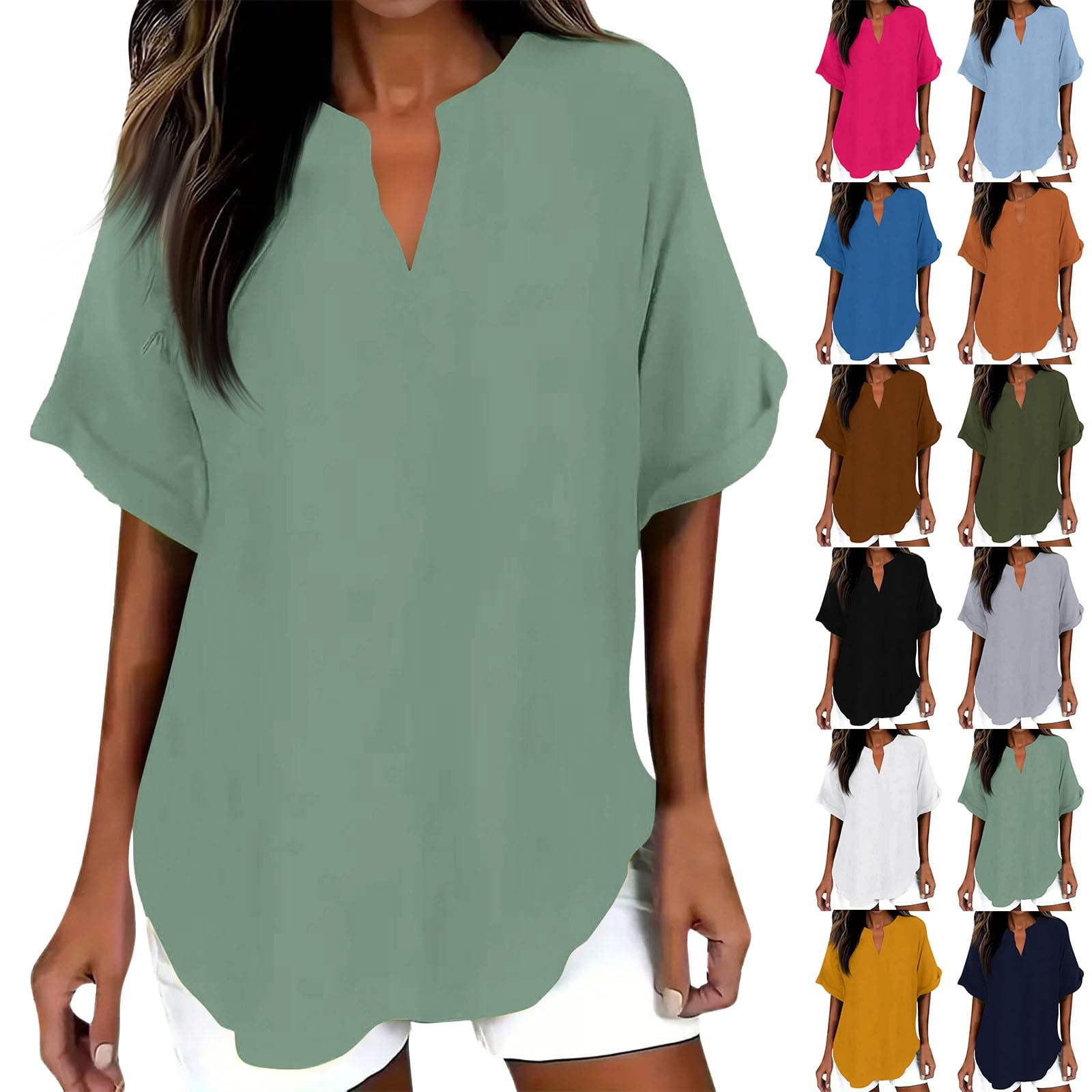 Nestiefly Spring Tops for Women 2026 Casual V Neck Cotton Linen Shirts ...