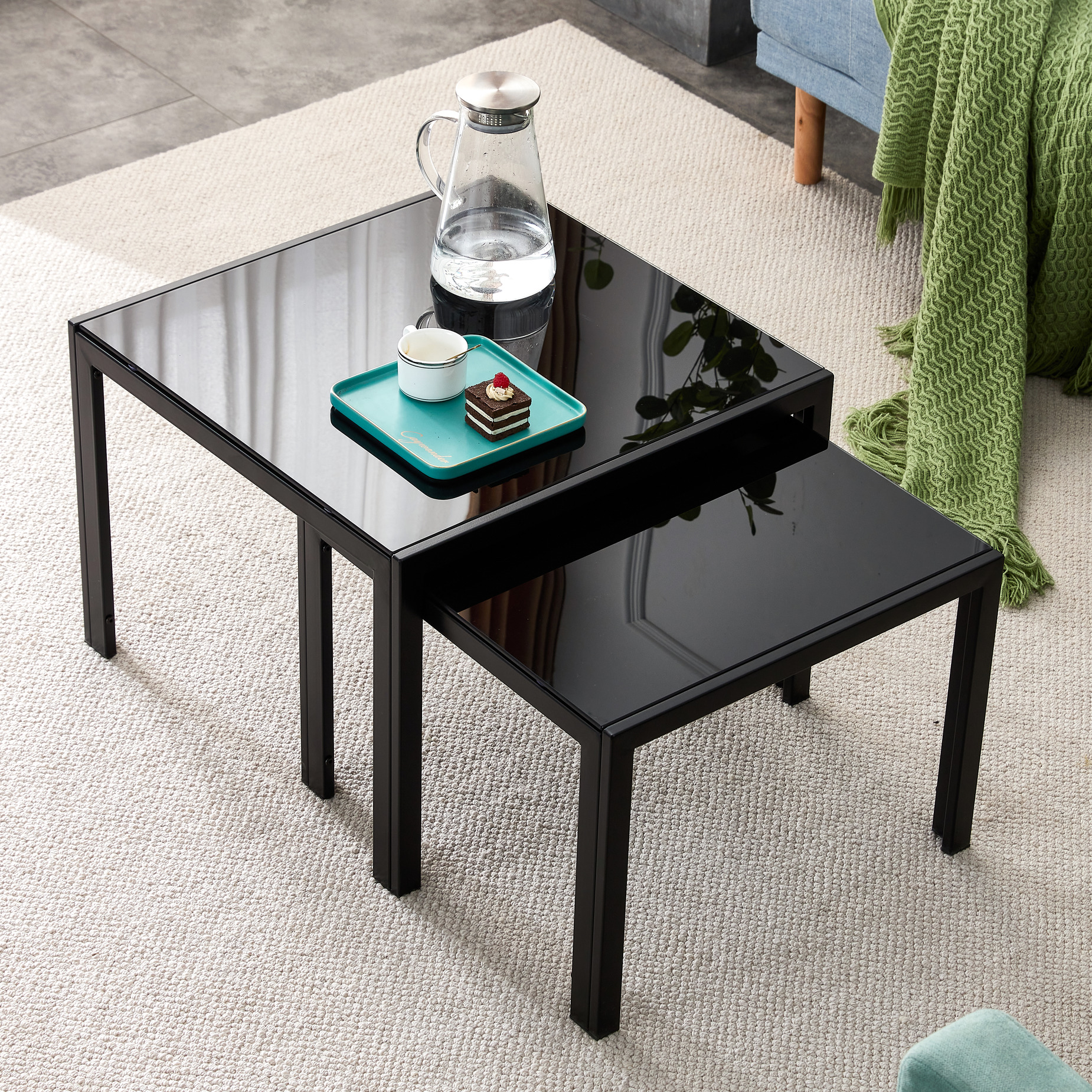 Nesting Coffee Table , 2 Square Modern Tables With Glass, Black, Stable ...