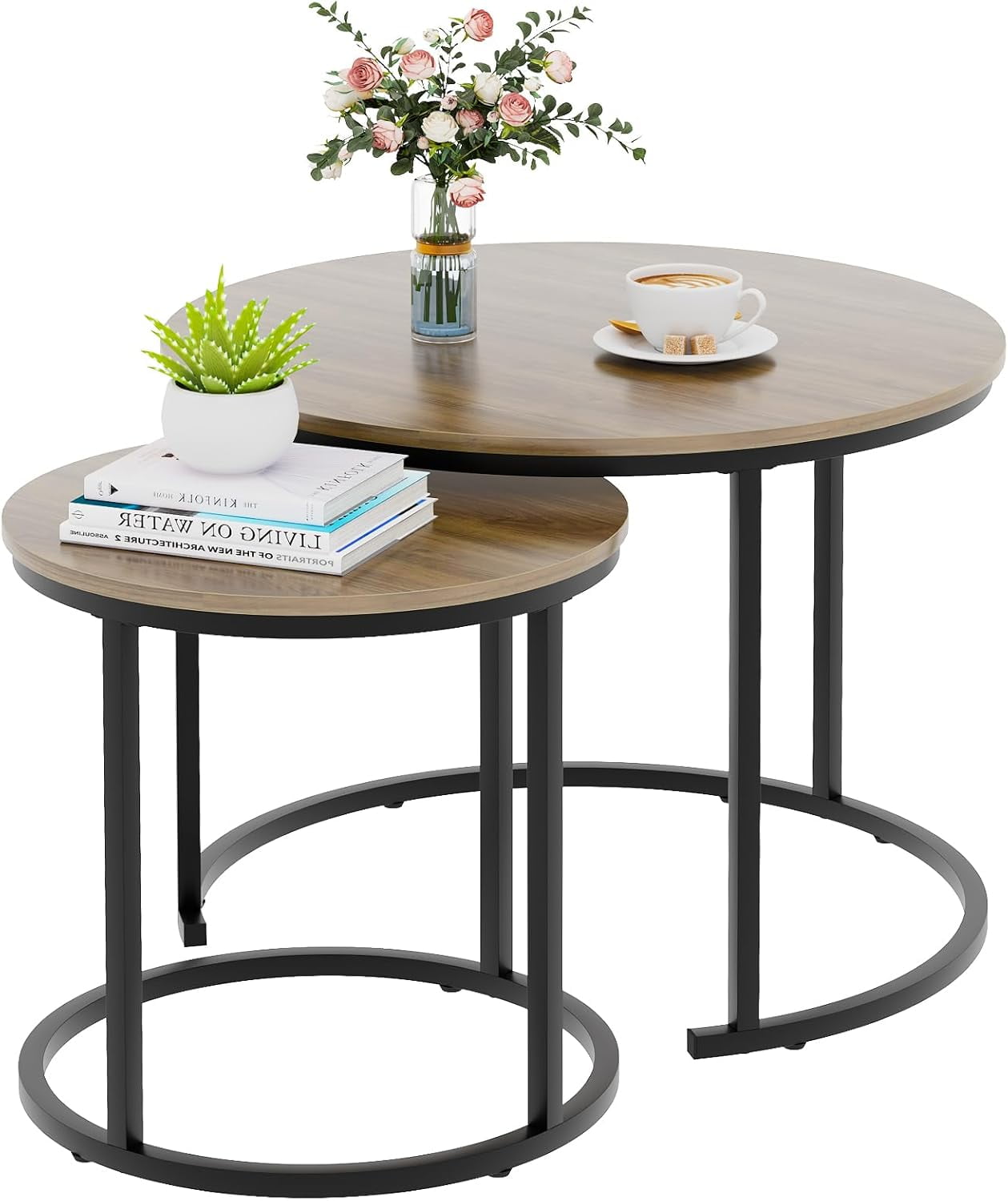 Nesting Coffee Table, 23.6" Round Coffee Table Set of 2, Wooden Nesting Table Set for with Metal ...