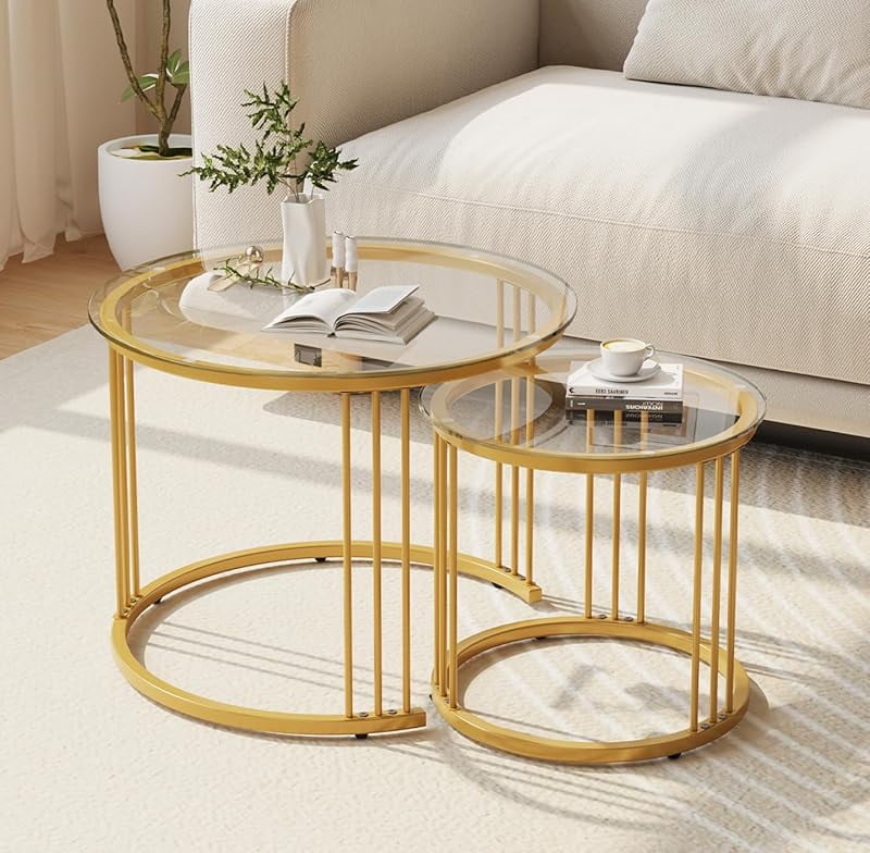 Nesting Coffee Table, 23.6" Round Coffee Table Set of 2, Glass Nesting ...