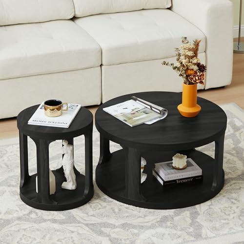 Nesting Coffee Table, Round Coffee Table Set of 2 with Storage Shelf, Modern Sofa Side Table ...