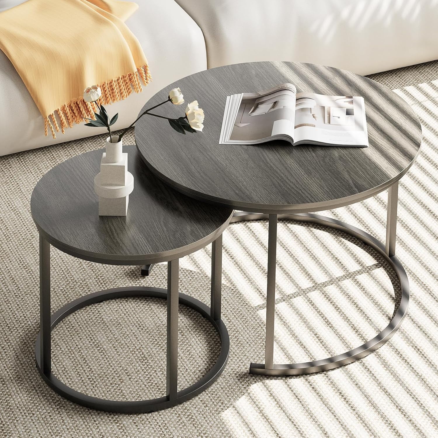 Nesting Coffee Table Round Side Table Set of 2 End Tables for Living ...