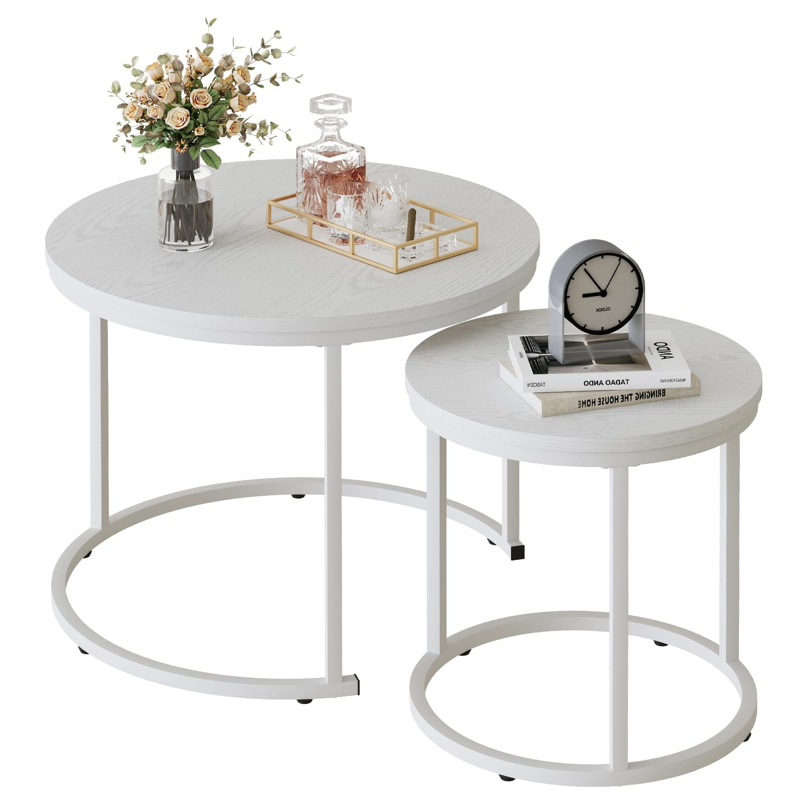 Nesting Coffee Table Round Side Table Set of 2 End Tables for Living Room Bedroom Balcony,White ...