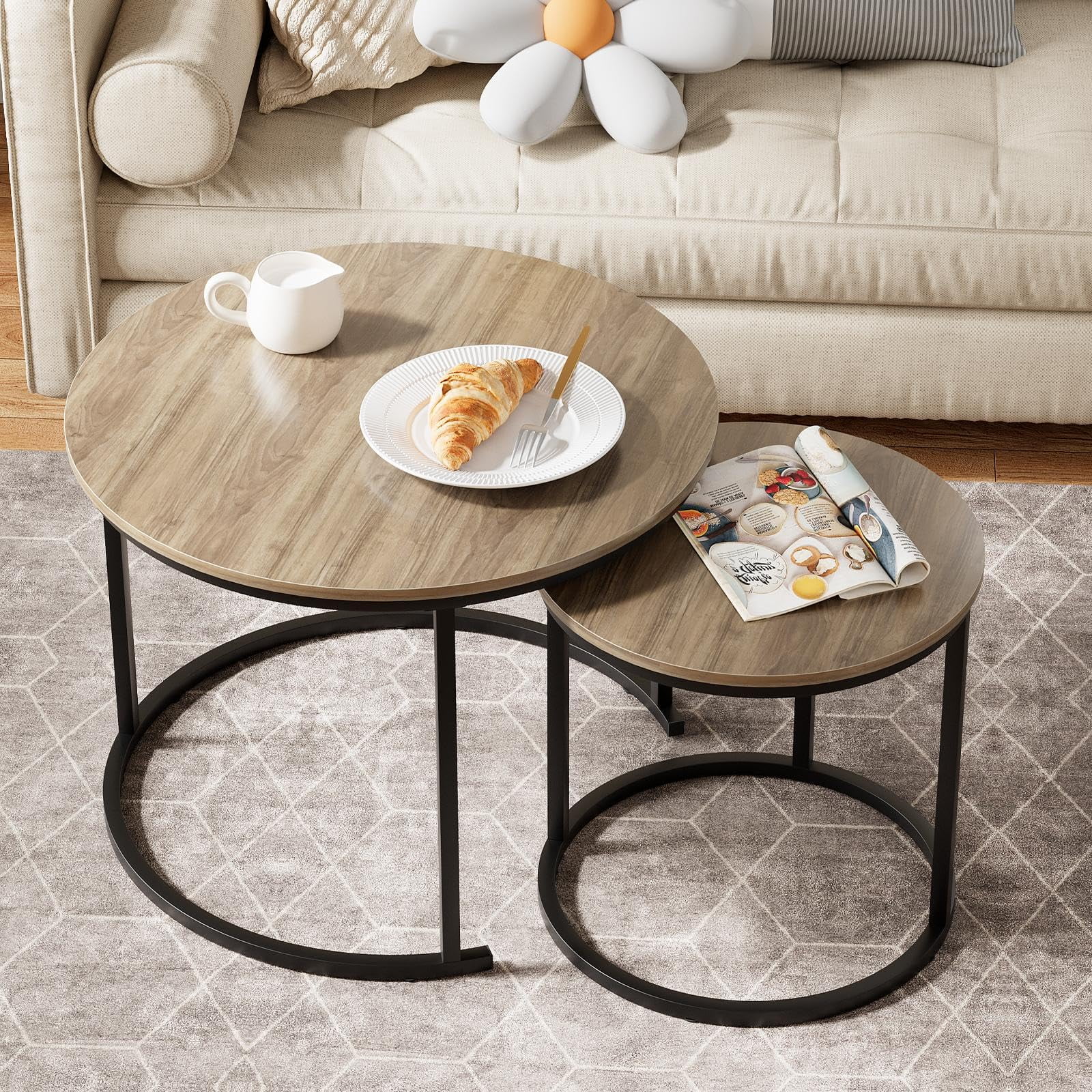 Nesting Coffee Table Round Side Table Set of 2 End Tables for Living ...