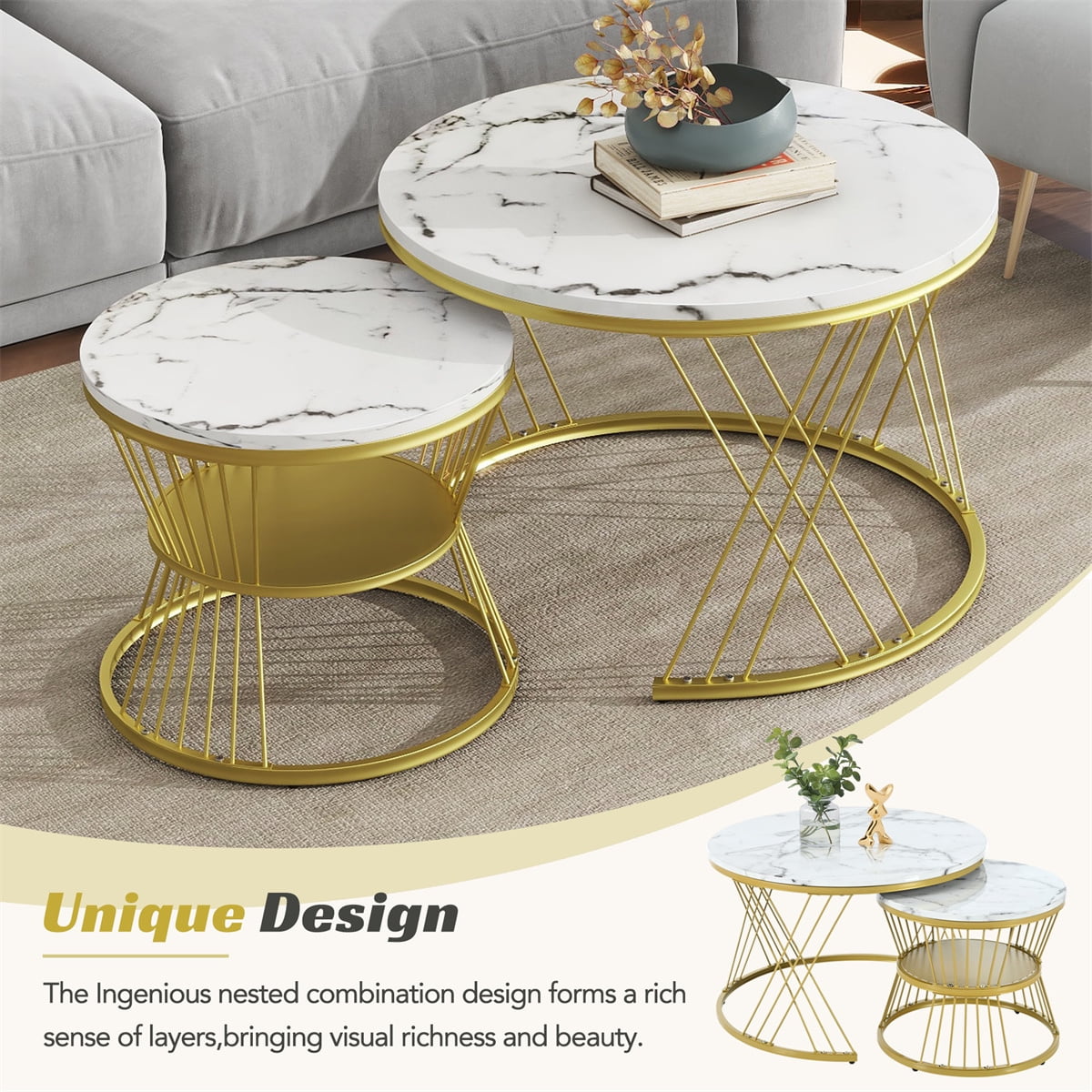 Nesting Coffee Table Set of 2, 2 Piece Round Coffee Table Set, Modern ...