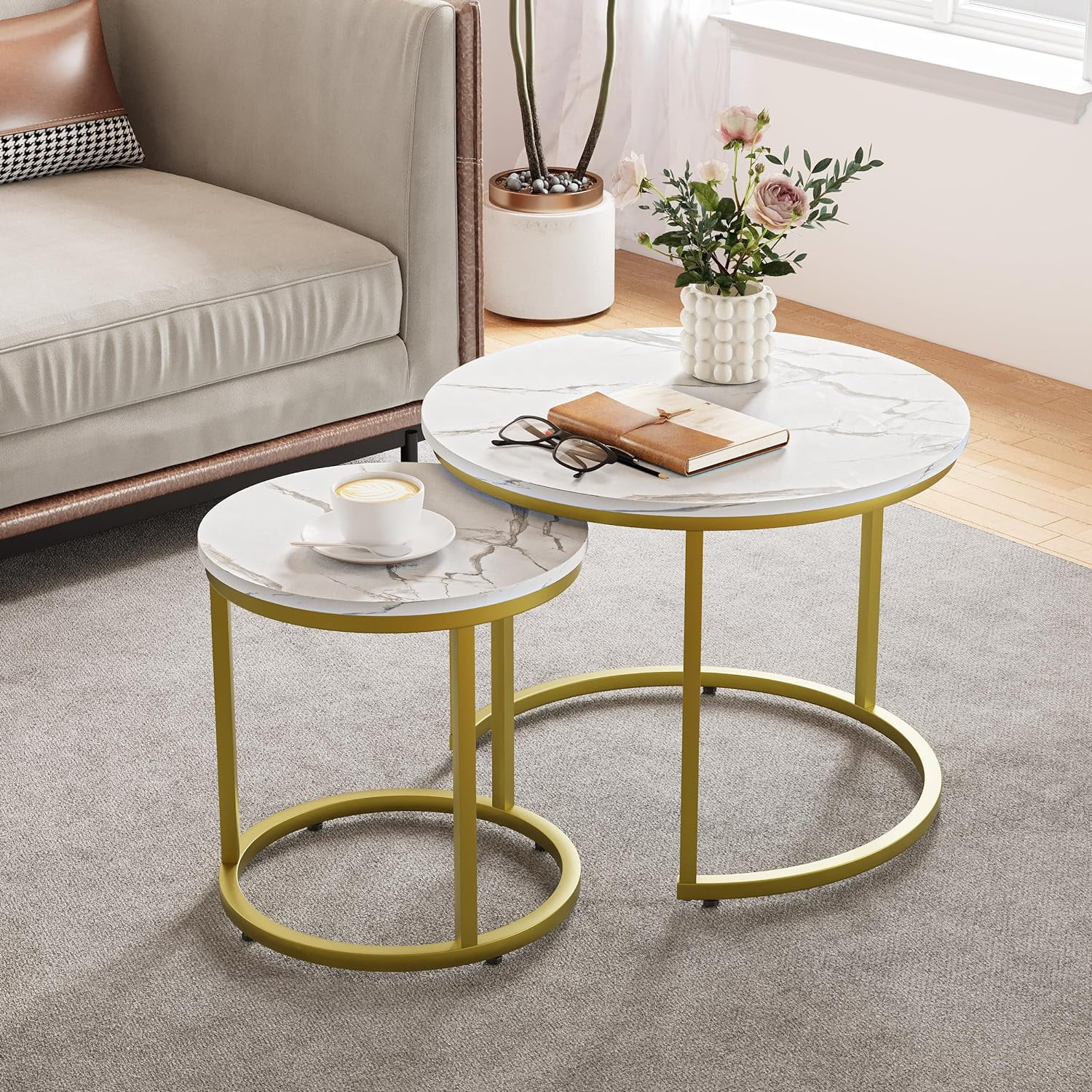 Nesting Coffee Table Set of 2, 23.6" Round Coffee Table Wood Grain Top ...