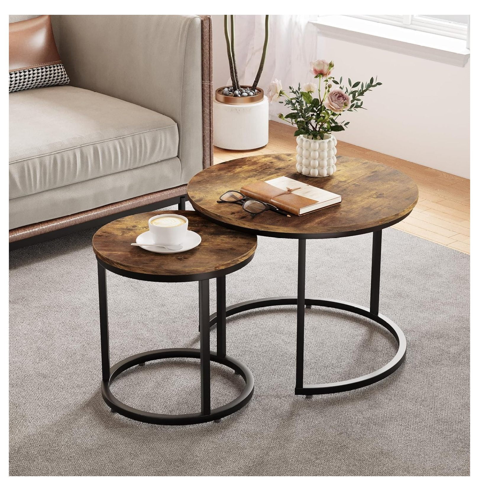 Nesting Coffee Table Set of 2, 23.6" Round Coffee Table Rustic Wood Top with Adjustable Non-Slip ...