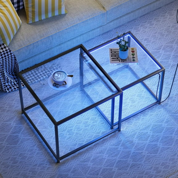 Coffee Table Set of 2, Modern Glass Nesting Table, Metal Frame Square ...
