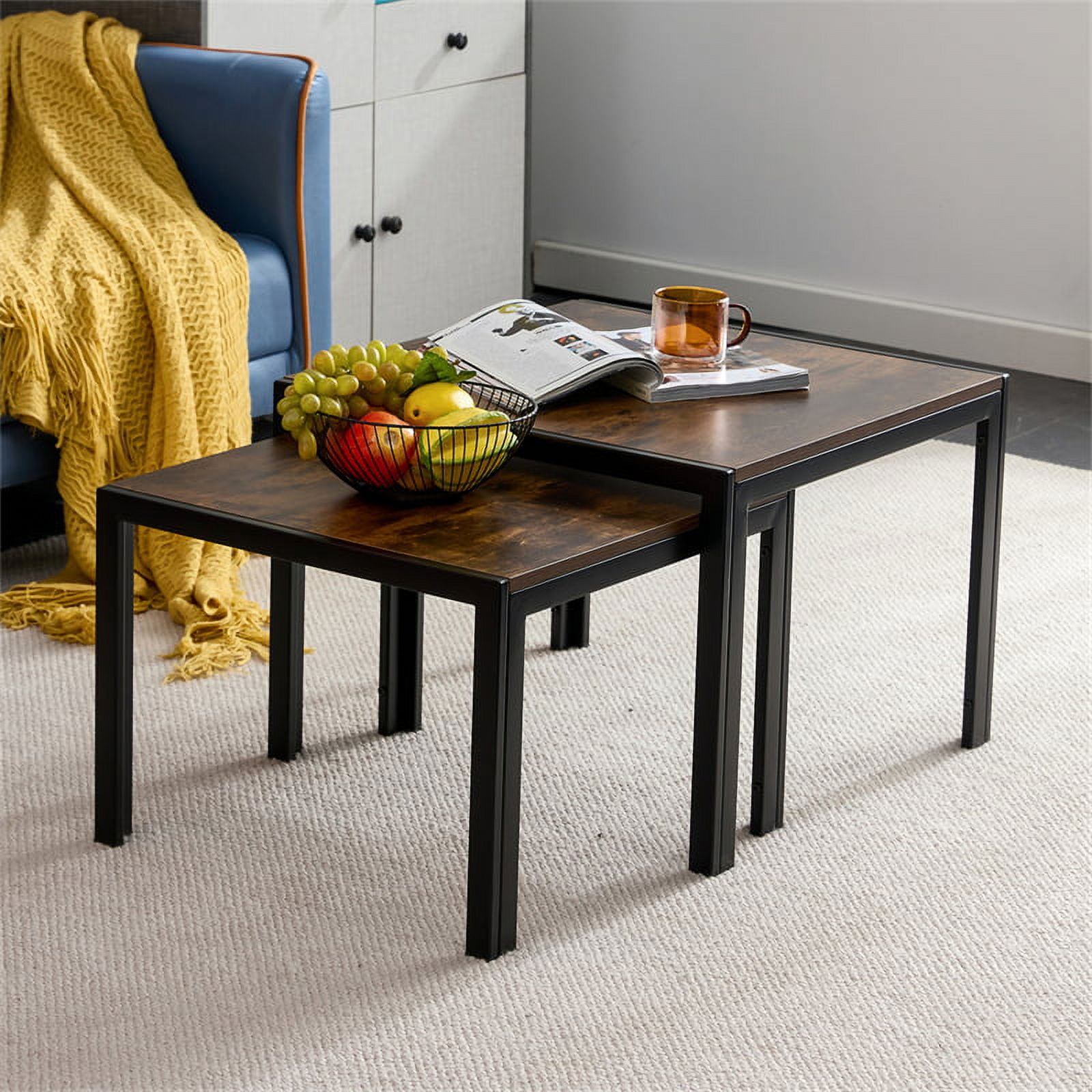 Nesting Coffee Table Set of 2, Metal Frame End Side Tables for Living ...