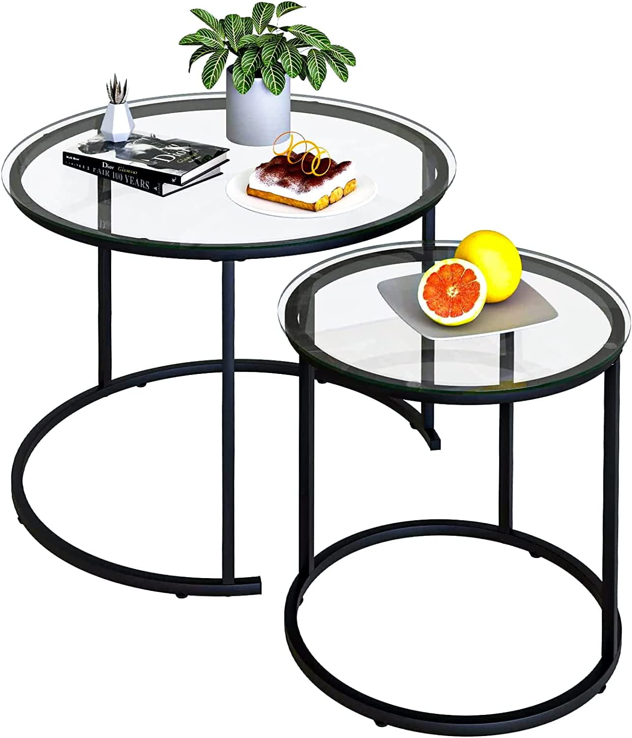 Nesting Coffee Table Set of 2,Modern Black Tempered Glass Side Table ...