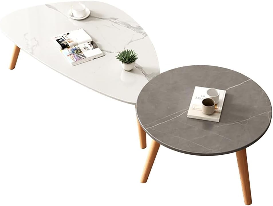 Nesting Coffee Table Set of 2, Modern Triangle+Round Solid Wood Legs ...
