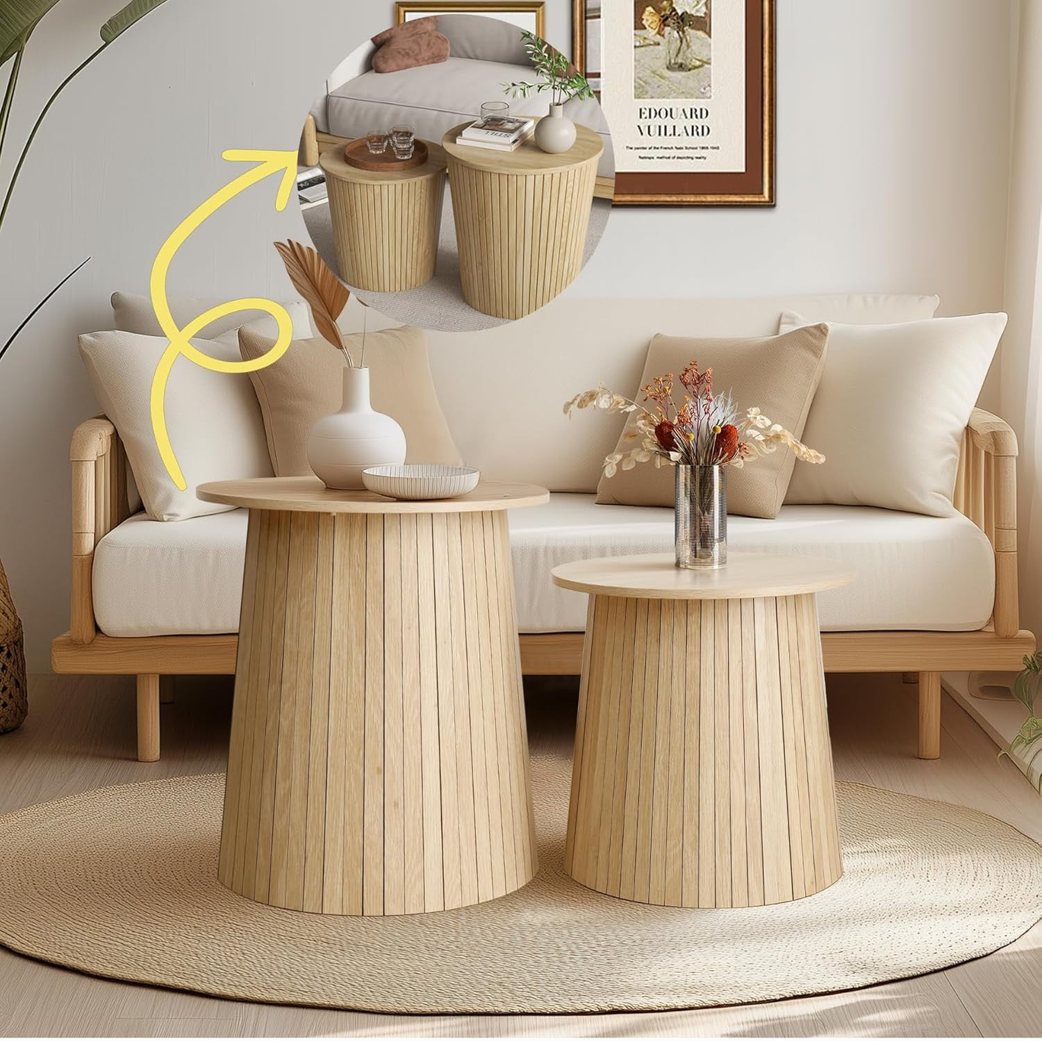 Nesting Coffee Table Set of 2, Round End Table with Storage, Farmhouse ...