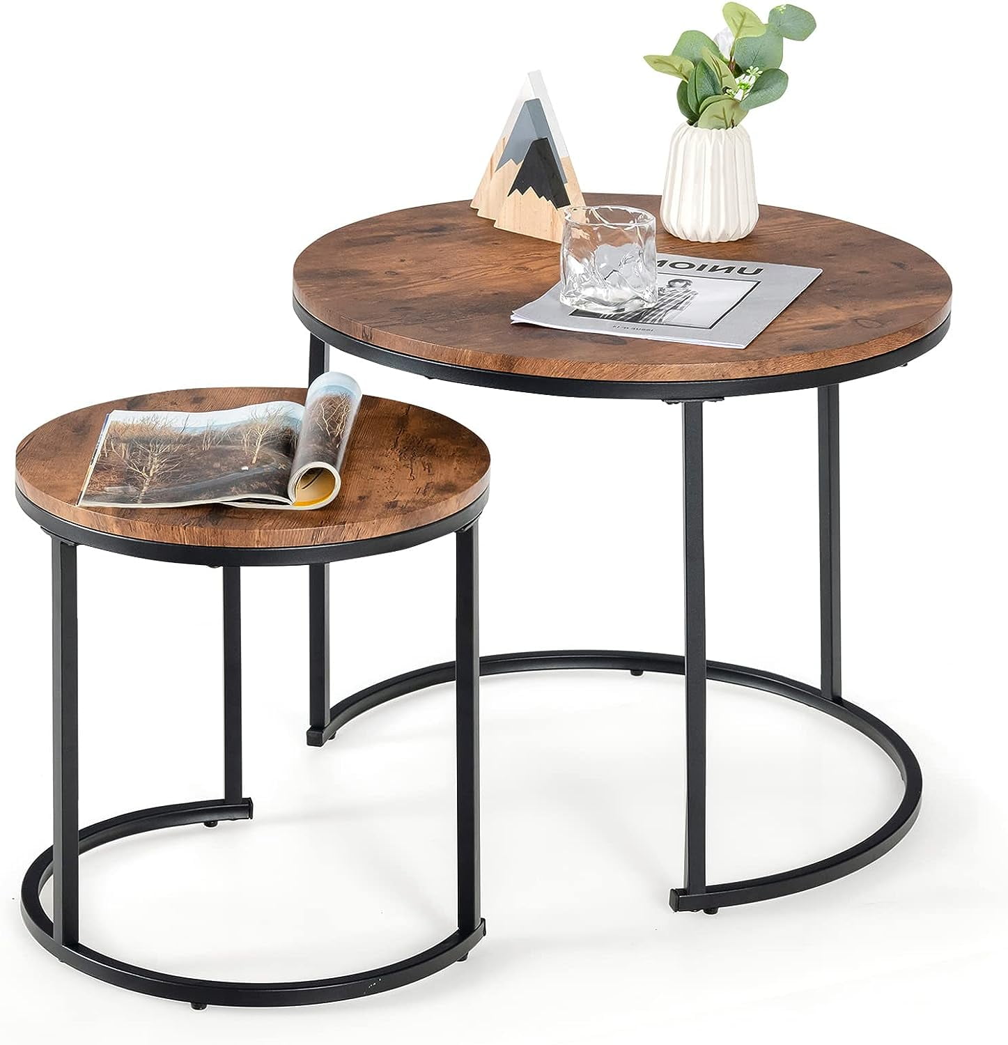 Nesting Coffee Table Set of 2, Round Stacking Side Tables w/Wooden ...