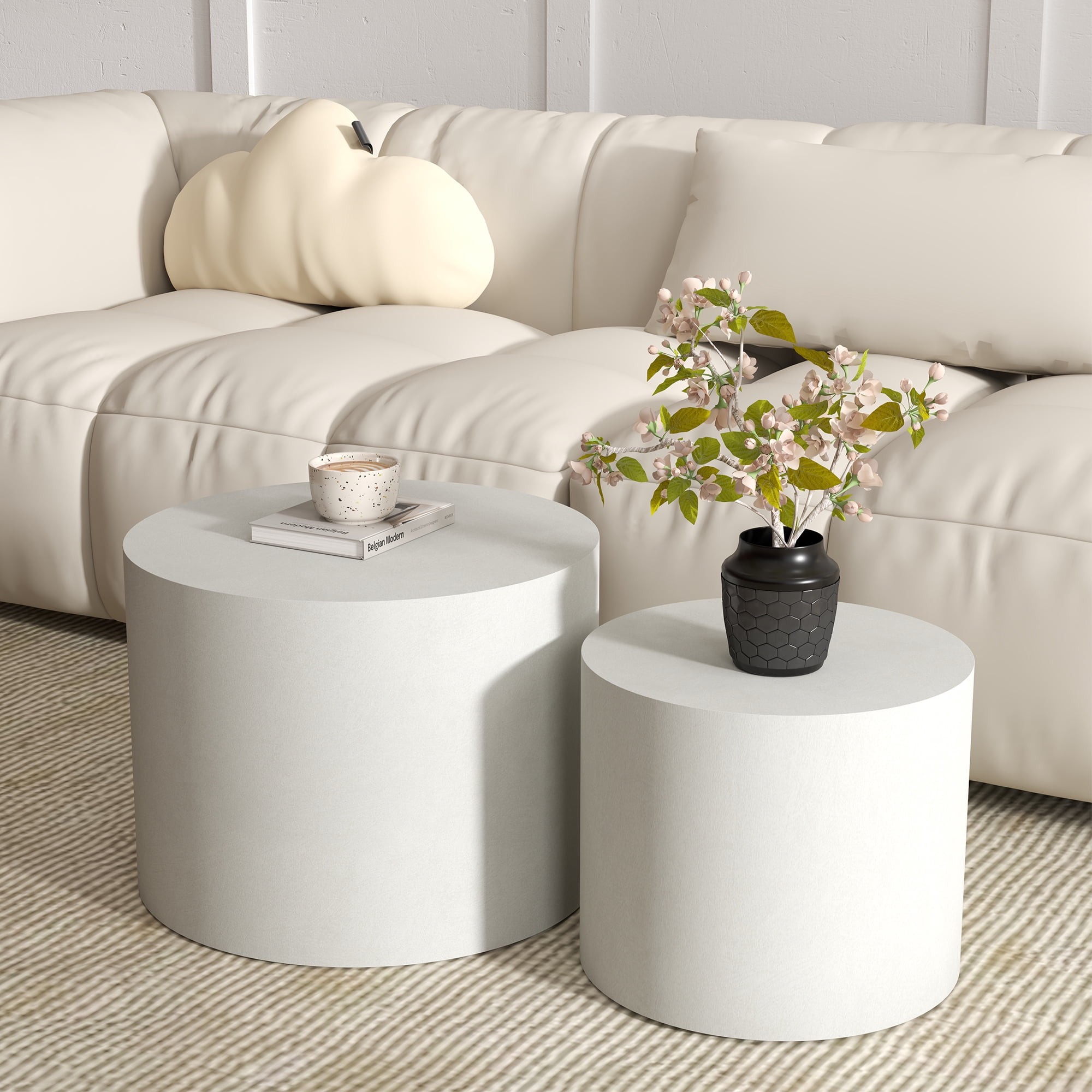 Nesting Coffee Table Set of 2, Round White Coffee Table Modern Circle ...