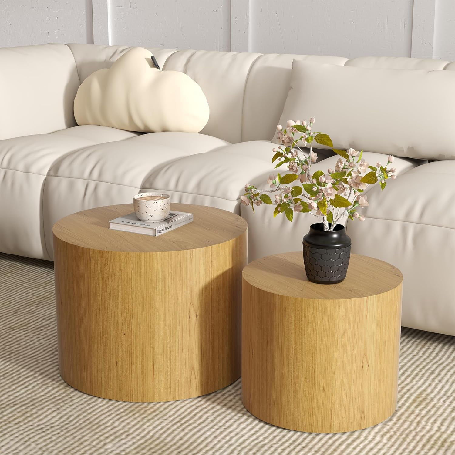 Nesting Coffee Table Set of 2, Round Wooden Coffee Tables Modern Circle ...