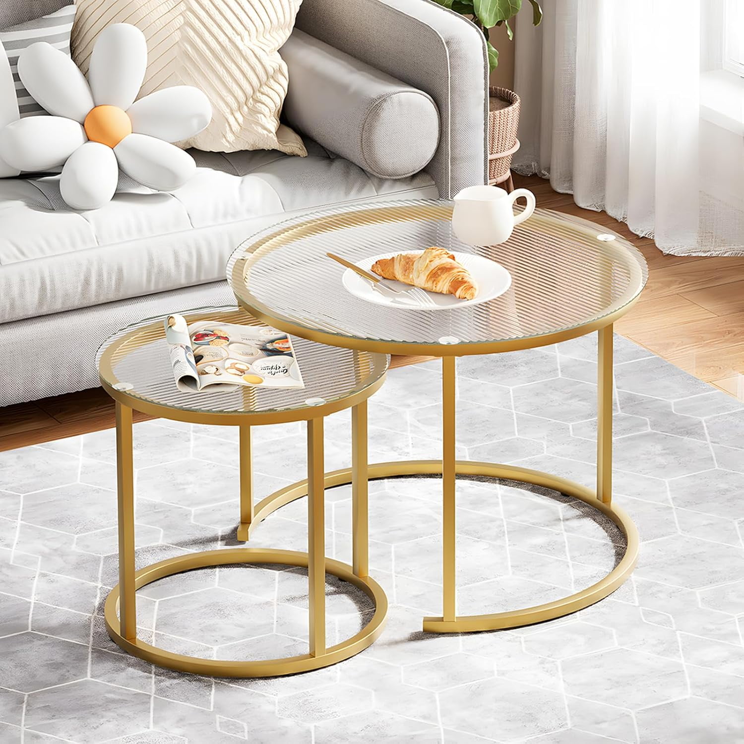 Nesting Coffee Table Set of 2, Small Round Glass Nesting Tables for ...