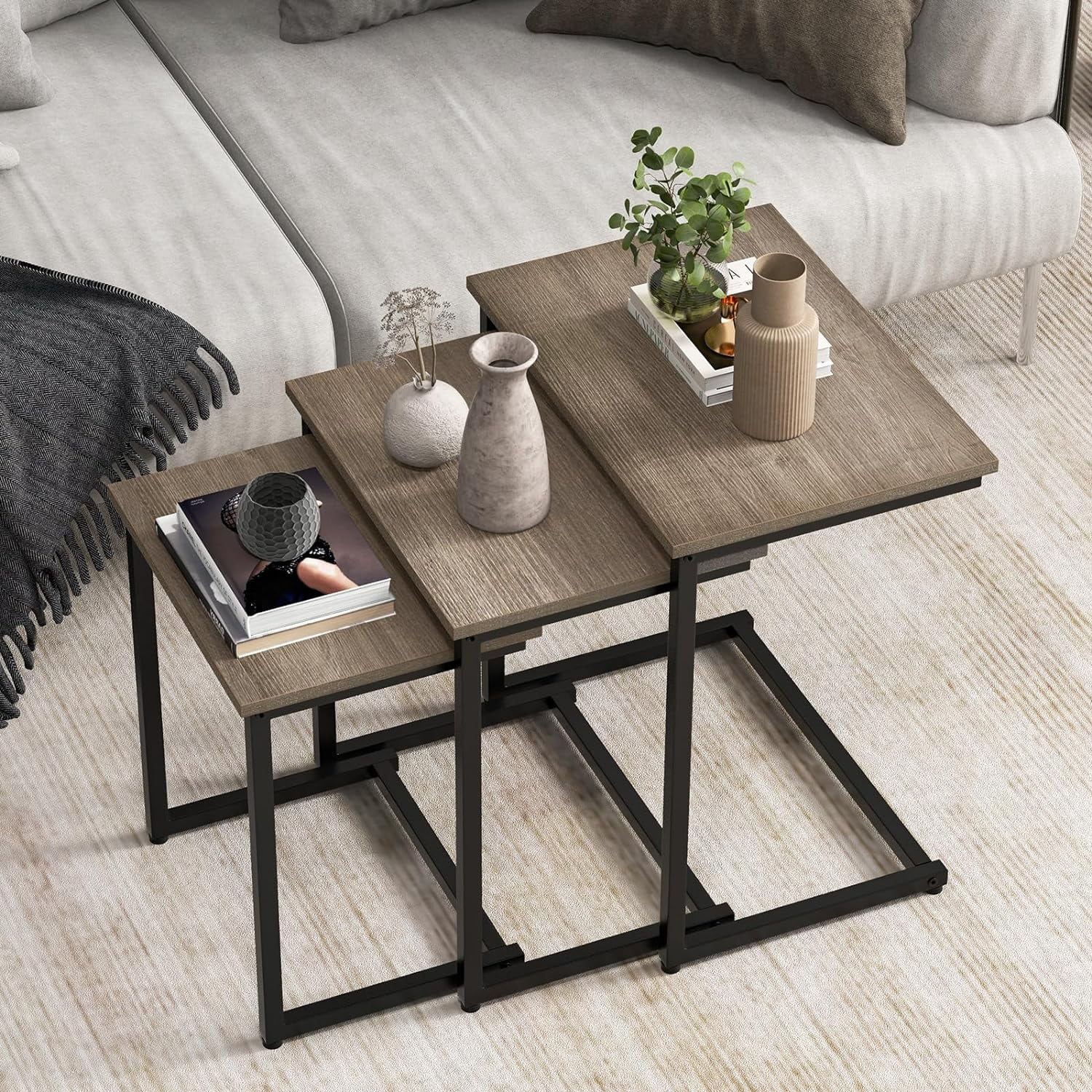 Nesting Coffee Table Set of 3, Stackable Square End Table w/Wood Grain ...