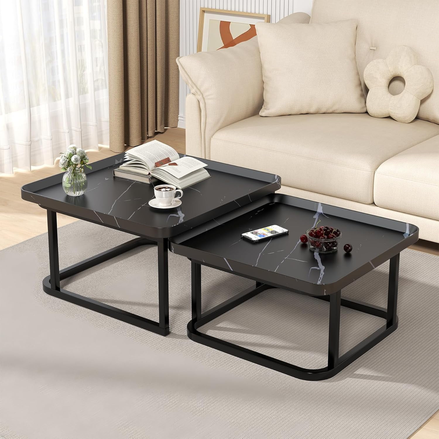 Nesting Coffee Table Set of 2, 23.6"+19.7" Square Stacking Side Table ...